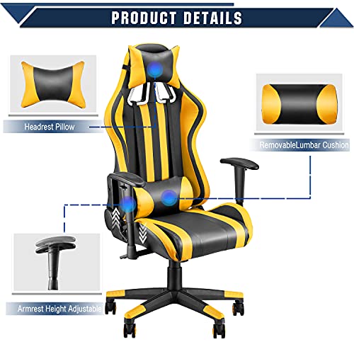 Soontrans Rocking Gaming Chair,PC Computer Chair,Home Office Chair,Racing Chair with Adjustable Recliner and Armrest with Headrest Lumbar Pillow Support (Yellow)