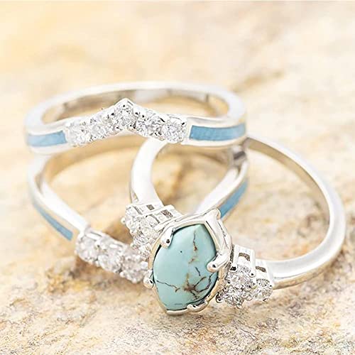 weiyufang 3PCS Natural Turquoise Diamond Ring Set,Vintage Sparkling Natural Gemstone Knuckle Ring Set Jewelry for Womens Mother's Day Birthday Gift