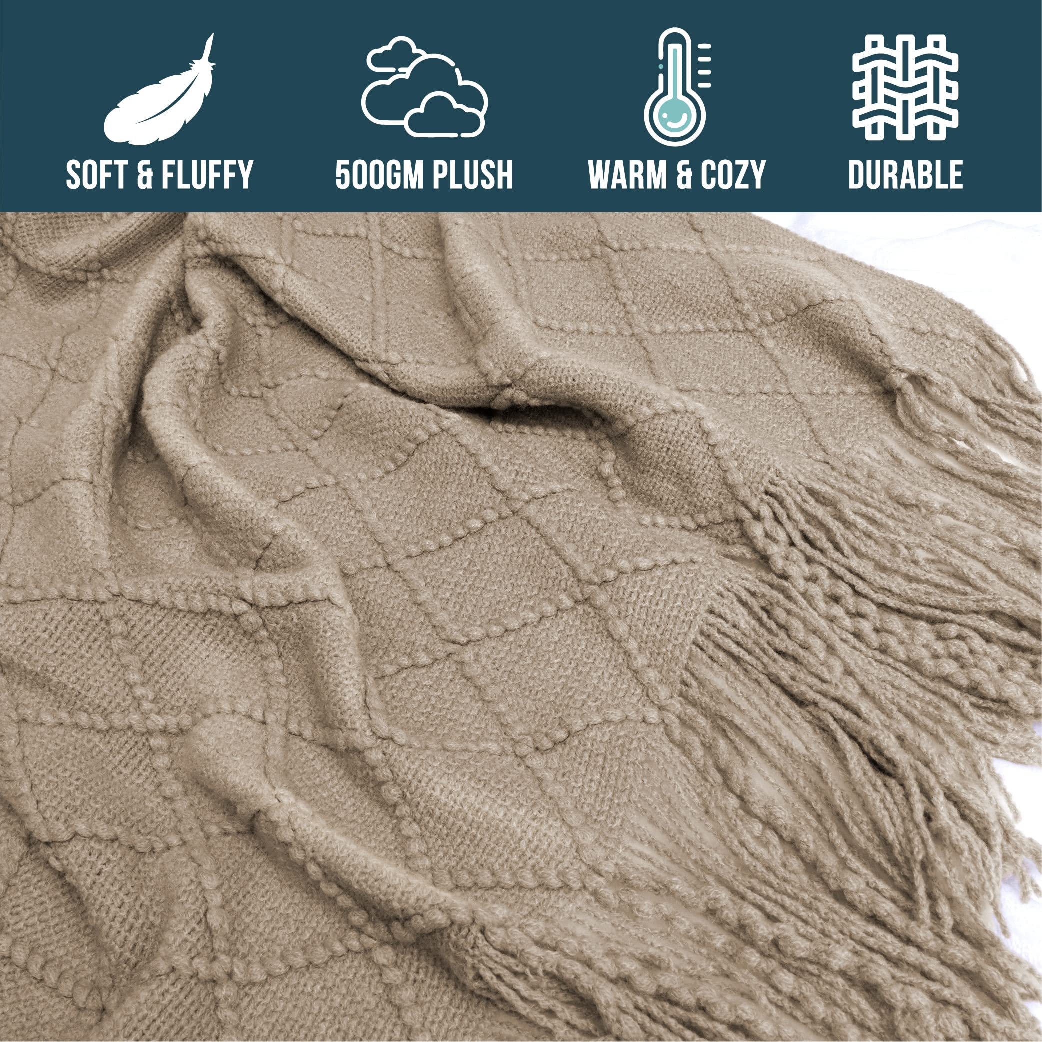 PAVILIA Tan Taupe Knit Throw Blanket Couch, Soft Knitted Boho Farmhouse Home Decor Woven Throw, Cozy Decorative Afghan Bed Sofa, Outdoor Summer Fall Gift Lightweight, Neutral Beige Camel Brown, 50x60