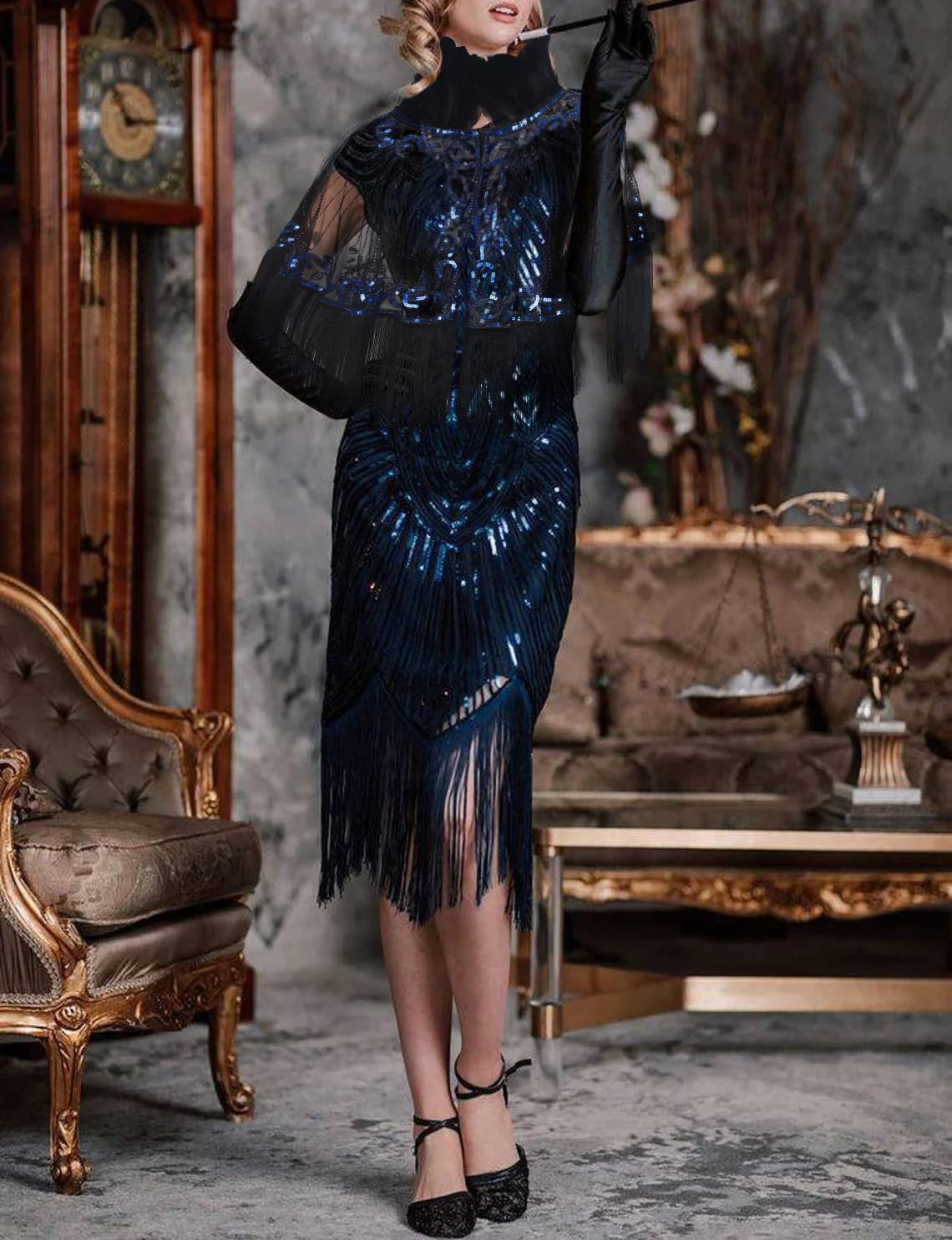 Women's 1920s Shawl Wraps Sequin Shawl Beaded Evening Cape Bolero Flapper Cover Up for Wedding Party-Black