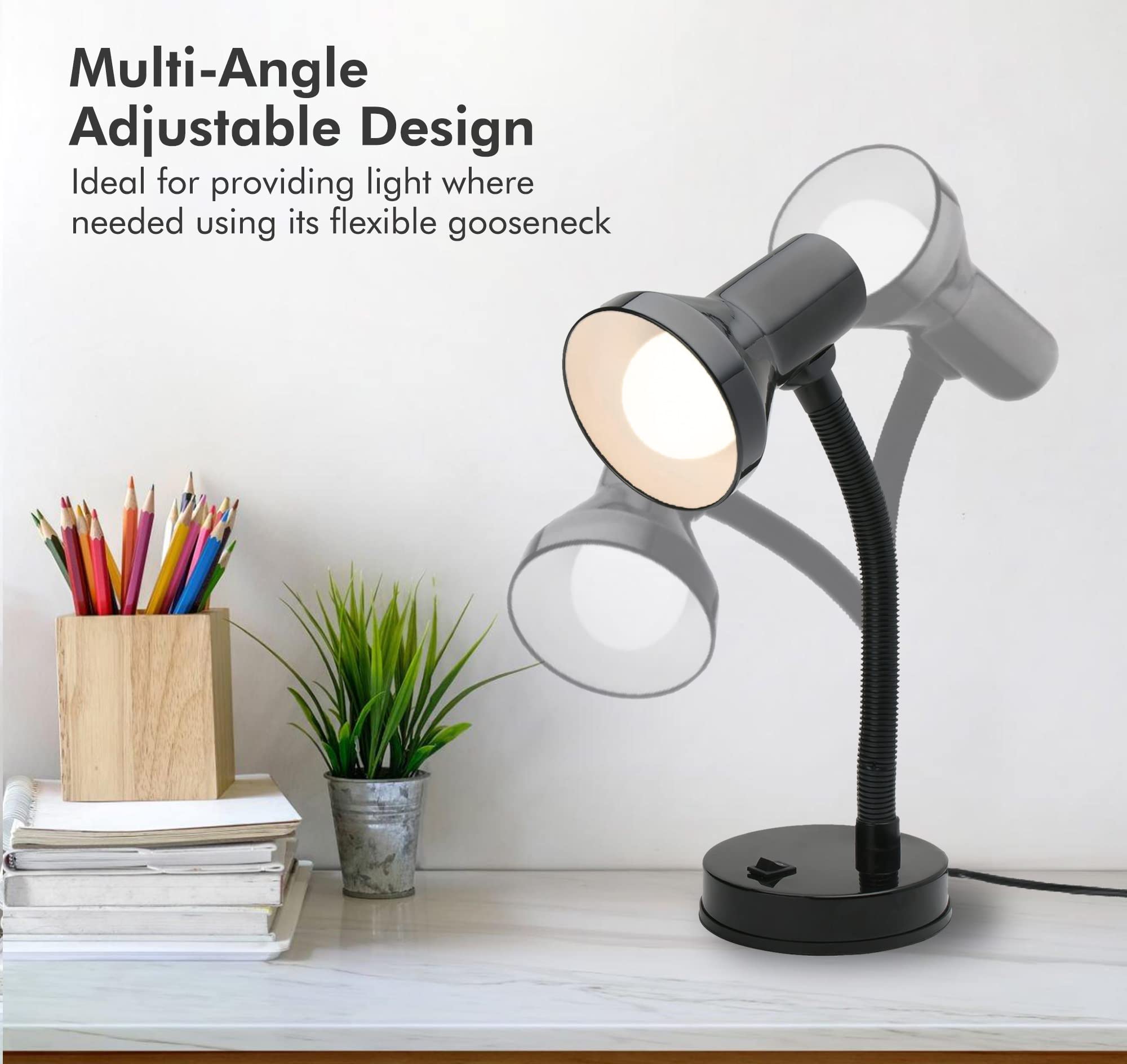 Xtricity Gooseneck Desk Lamps with Adjustable Gooseneck Arm, Metal Desk Lamp with 7W A19 LED Bulb, 120 Volt, Convenient On/Off Switch, 14" Inch Tall (36cm), Black Finish