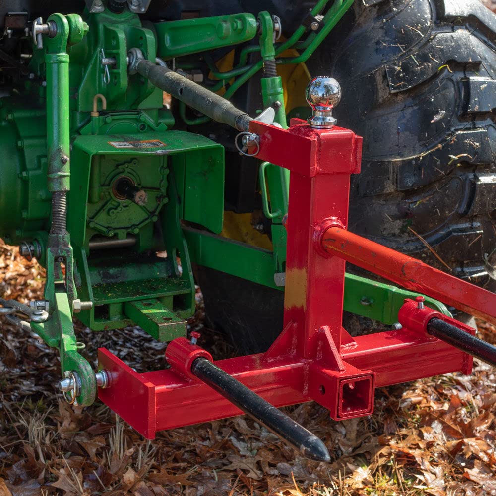 Titan Attachments 3 Point Gooseneck Tractor Trailer Hitch with 49" Hay Bale Spear and Stabilizer Spears, Fits Category 1 Tractors, Red Finish, 2" Receiver Hitch, 2" Gooseneck Ball