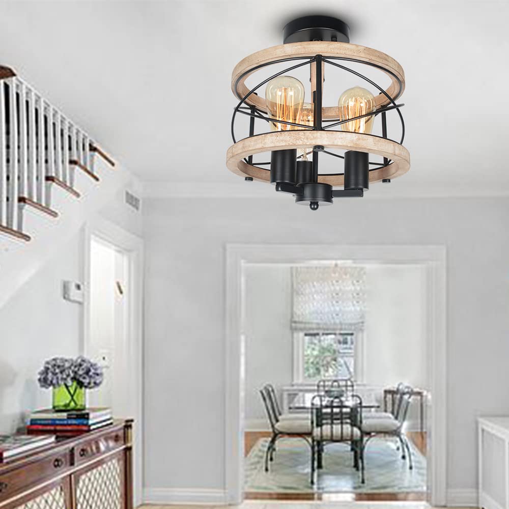 Round Rustic Semi Flush Mount Ceiling Light, Wood Farmhouse Kitchen Light Fixture Black Metal Industrial Bathroom Bedroom Cage Ceiling Lighting 3 Lights Edison E26 17121B