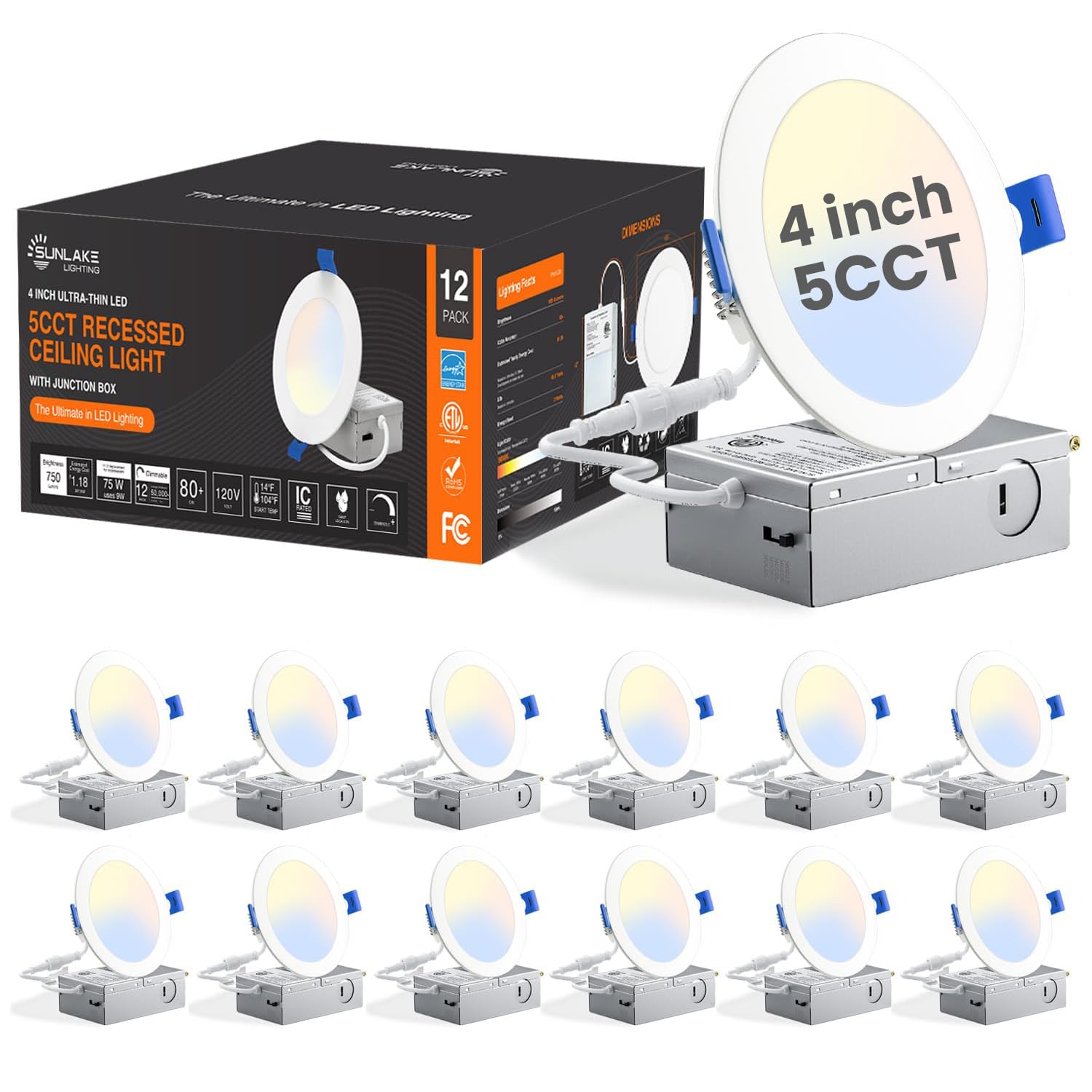 Sunlake 12 Pack Recessed Lighting 6 inch with Junction Box, 2700K/3000K/3500K/4000K/5000K Selectable, Ultra-Thin, 12W 110W Eqv, Dimmable, 1050LM High Brightness - ETL and Energy Star Certified