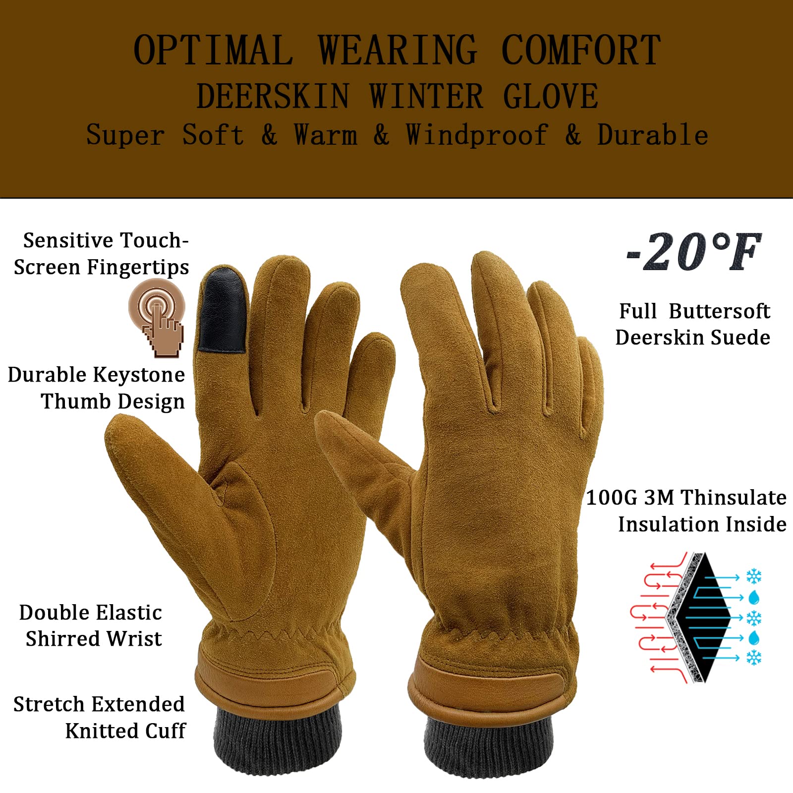 SKYDEER Touch Screen Deerskin Suede Leather Warm Winter Gloves For Driving Running Cycling and Cold Weather Work (SD8653T/L)