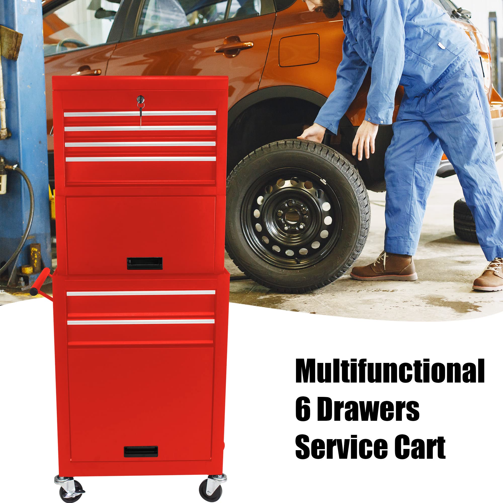 Rolling Tool Chest High Capacity Tool Storage 9 Drawers 3 in 1 Cabinets Mechanic Tool Cart with Auto Locking System Tool Box Organizer Lockable Wheels Detachable Top for Workshop (RED)