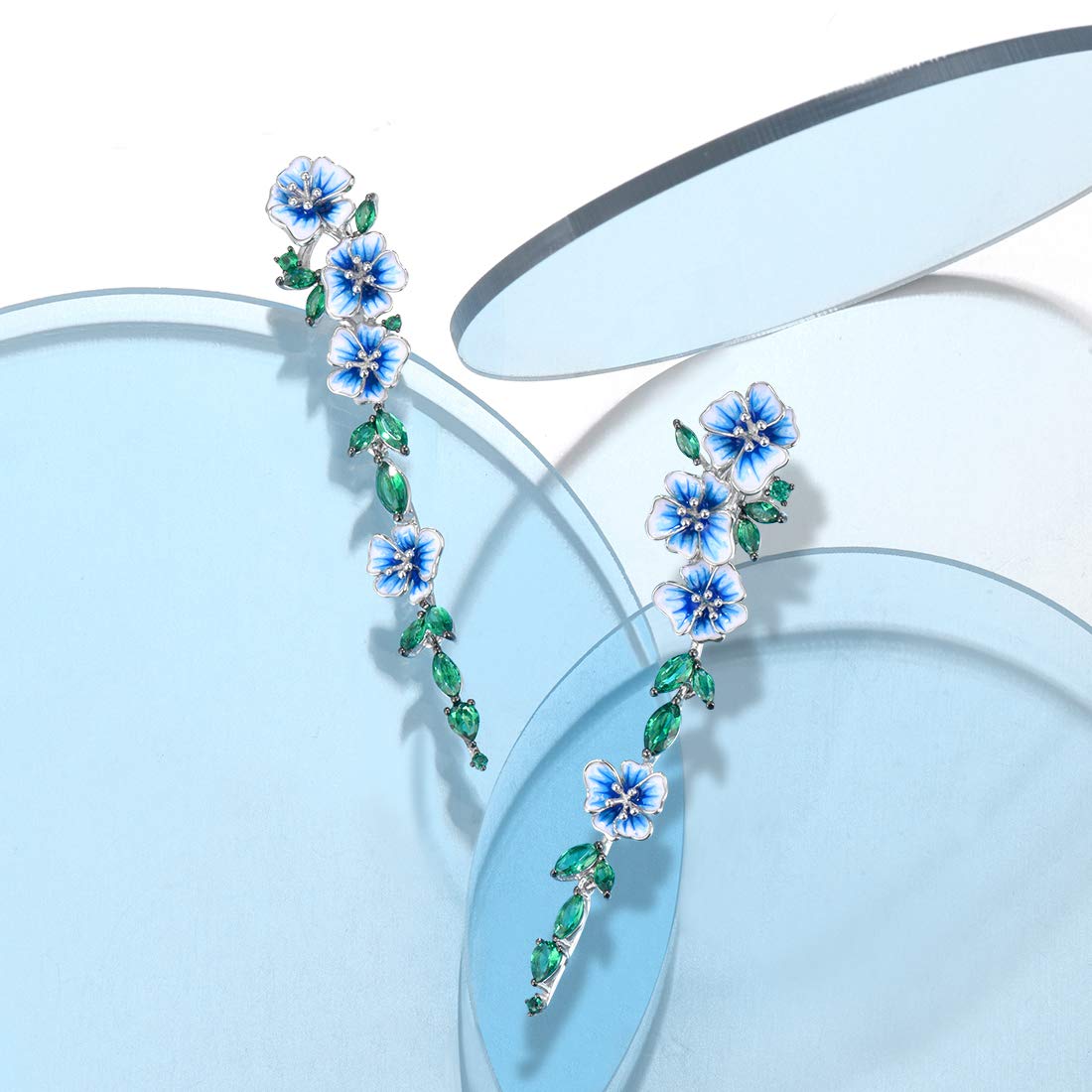 Santuzza Peony Earrings 925 Sterling Silver Green Spinel Handmade Enamel Blue Flower Gemstone Earrings for Women