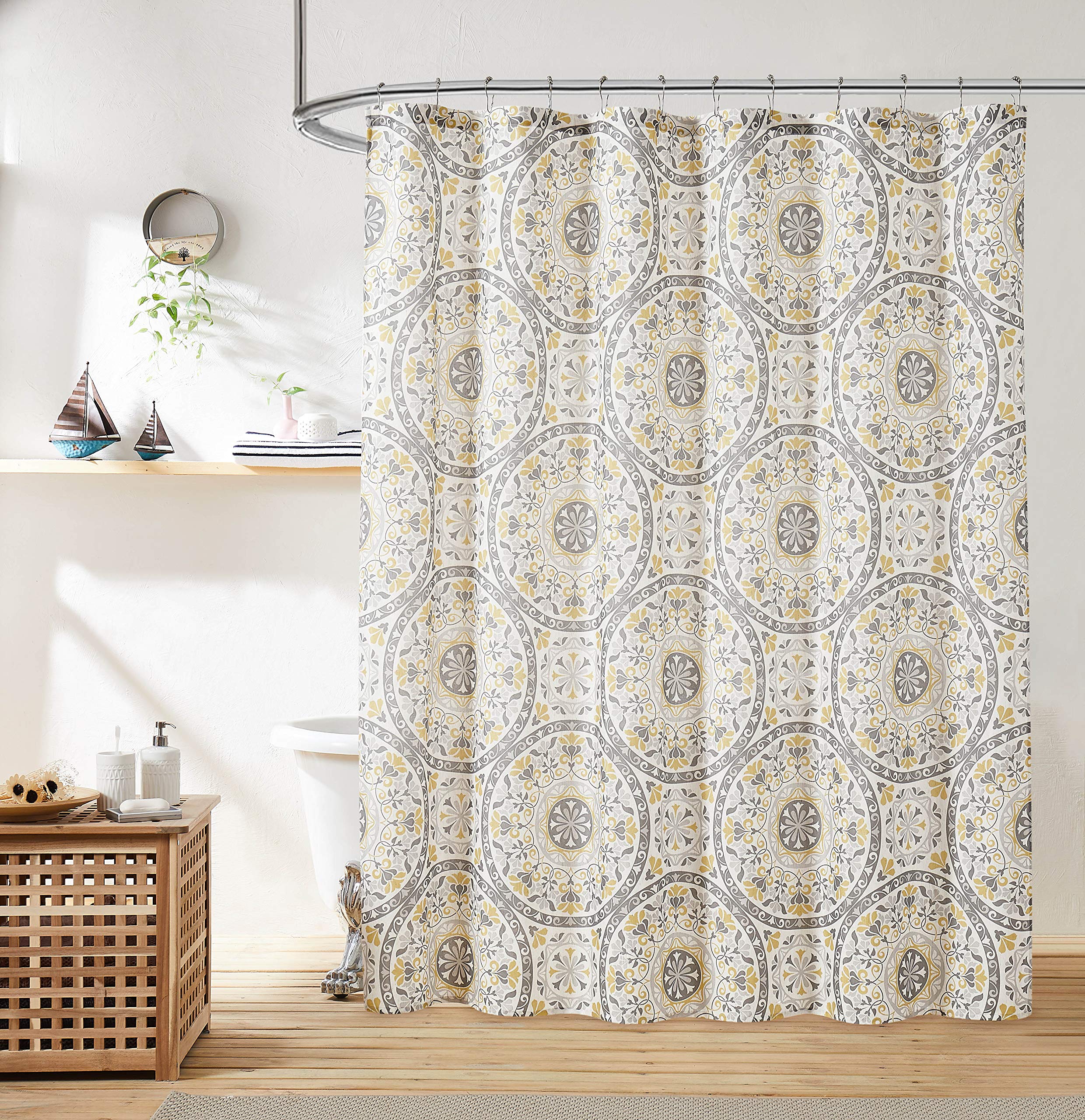 Romantex Fabric Decorative Shower Curtain Medallion Print Yellow and Grey Floral 84 inch Length for Bathroom/Bathtubs,72" Wx84 L 1Panel Hookless
