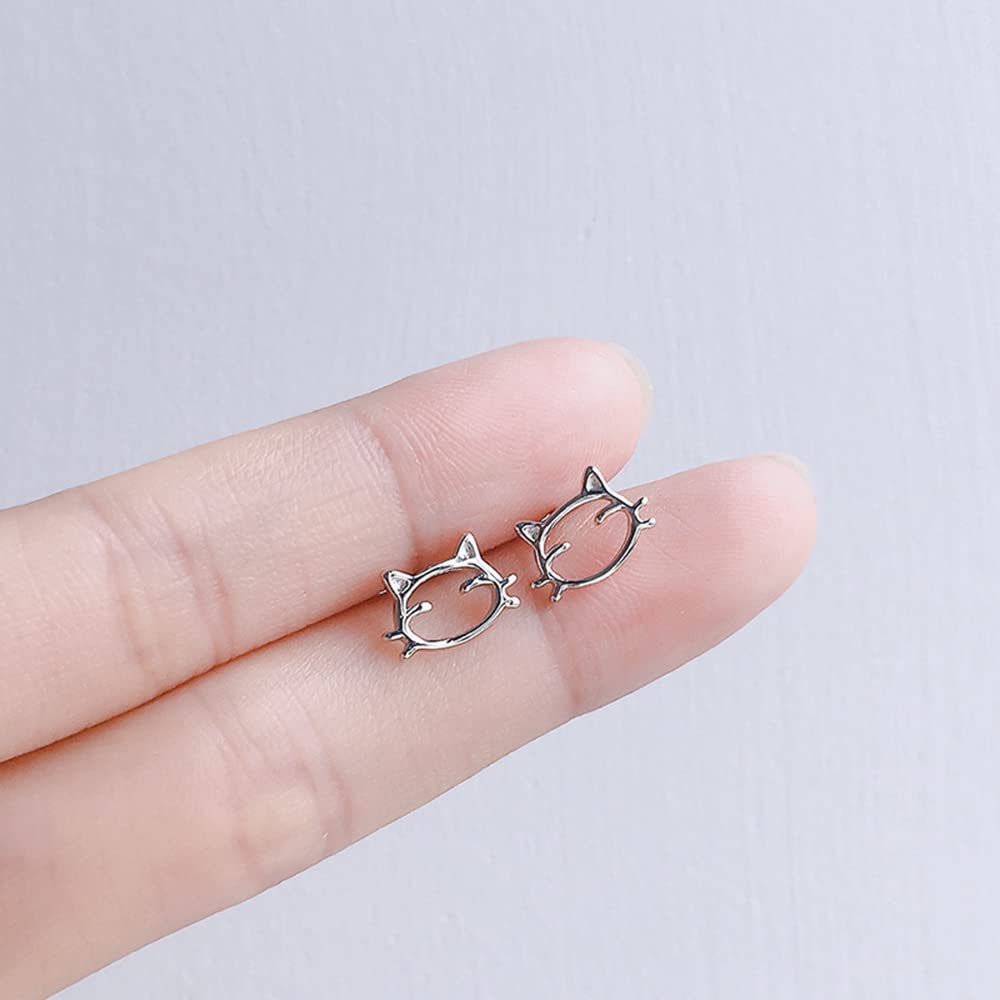 Tiny Cat Stud Earrings S925 Sterling Silver Minimalist Cute Animal Pet Small Cartilage Earring Studs Ear Piercing Jewelry Hypoallergenic for Women Girls Sensitive Ears (Silver)
