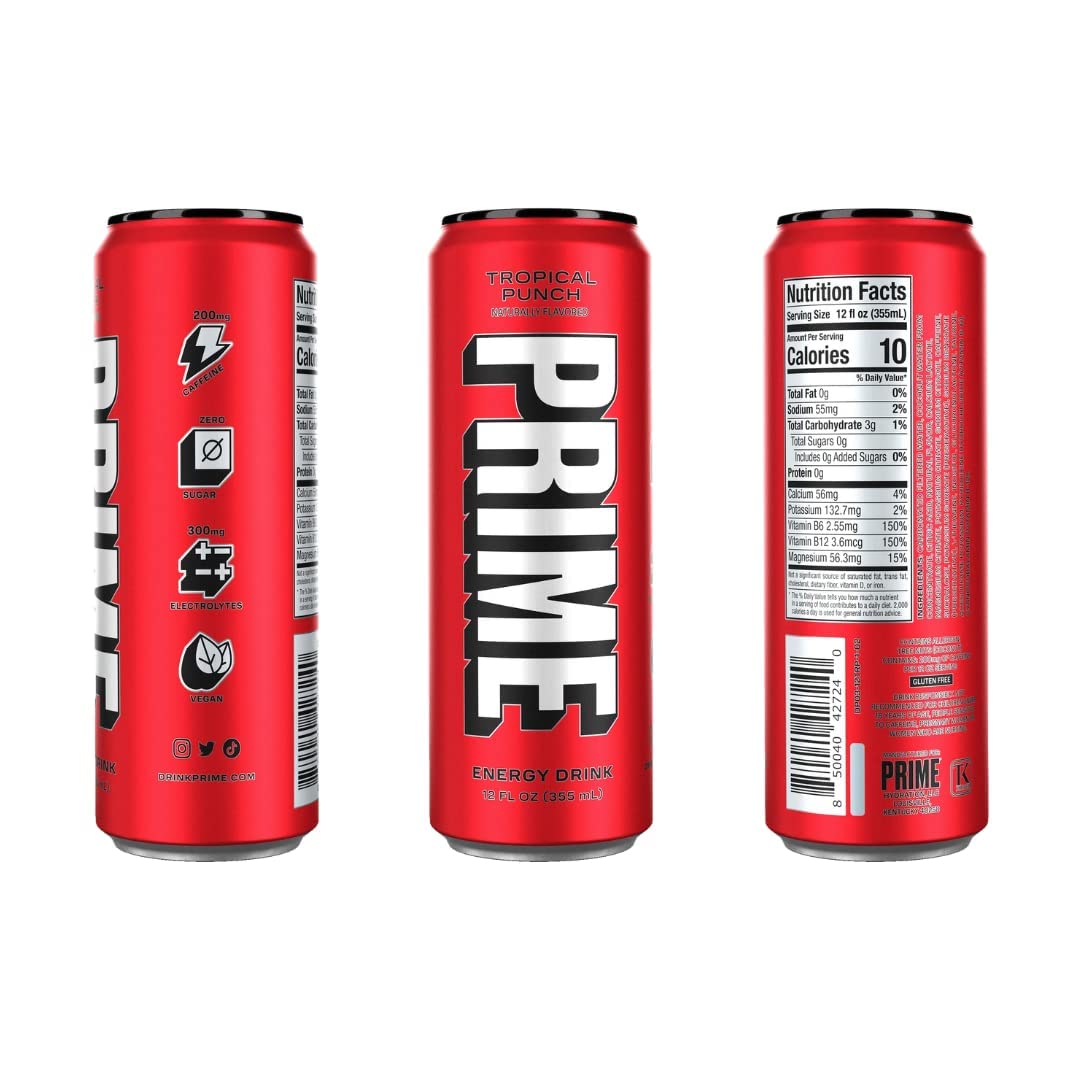Prime Energy Drink 5 Flavor Variety Pack (1 of each flavor) Blue Raspberry, Lemon Lime, Tropical Punch, Strawberry Watermelon, & Orange Mango
