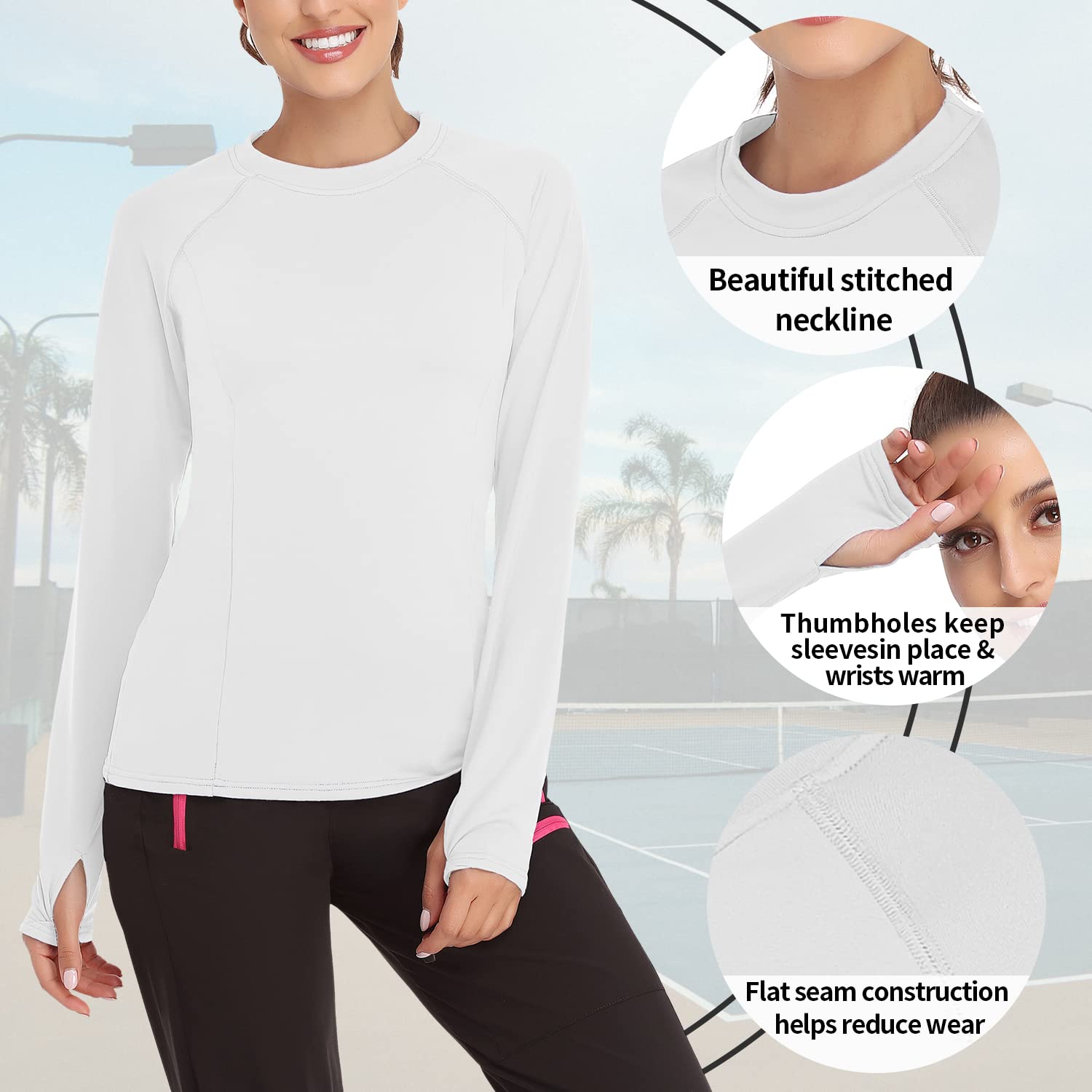 Women White Long Sleeve Thermal Shirt Running Shirt Workout Tops Moisture Wicking Athletic Shirts with Thumb Holes(White,Medium)