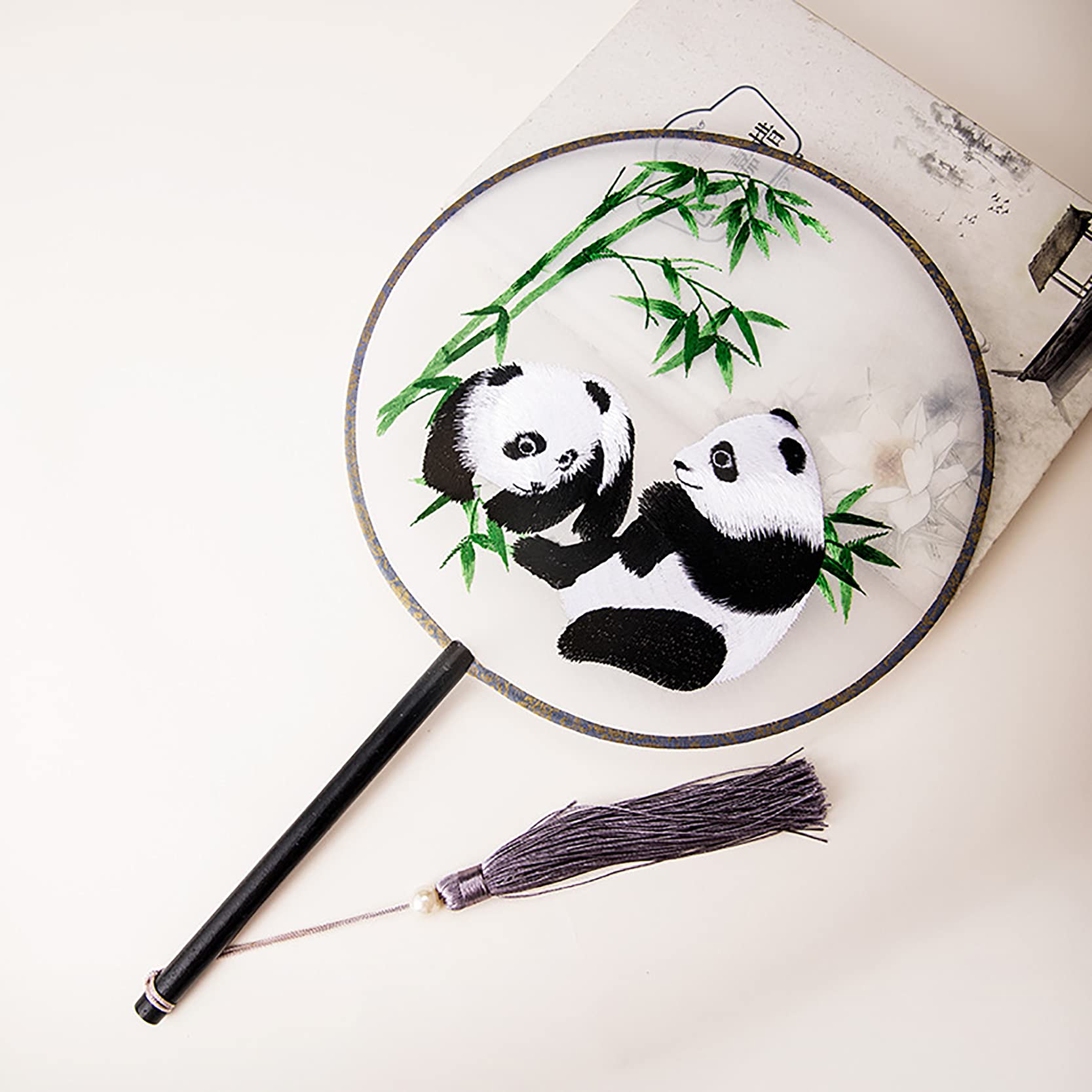 YUELAI Translucent Silk Embroidered Hand Held Fan, Chinese Round Fan, Ancient Hand Fan,Traditional Palace Paddle Dance Fan, Vintage Double-Sided Embroidery Fan(Panda)