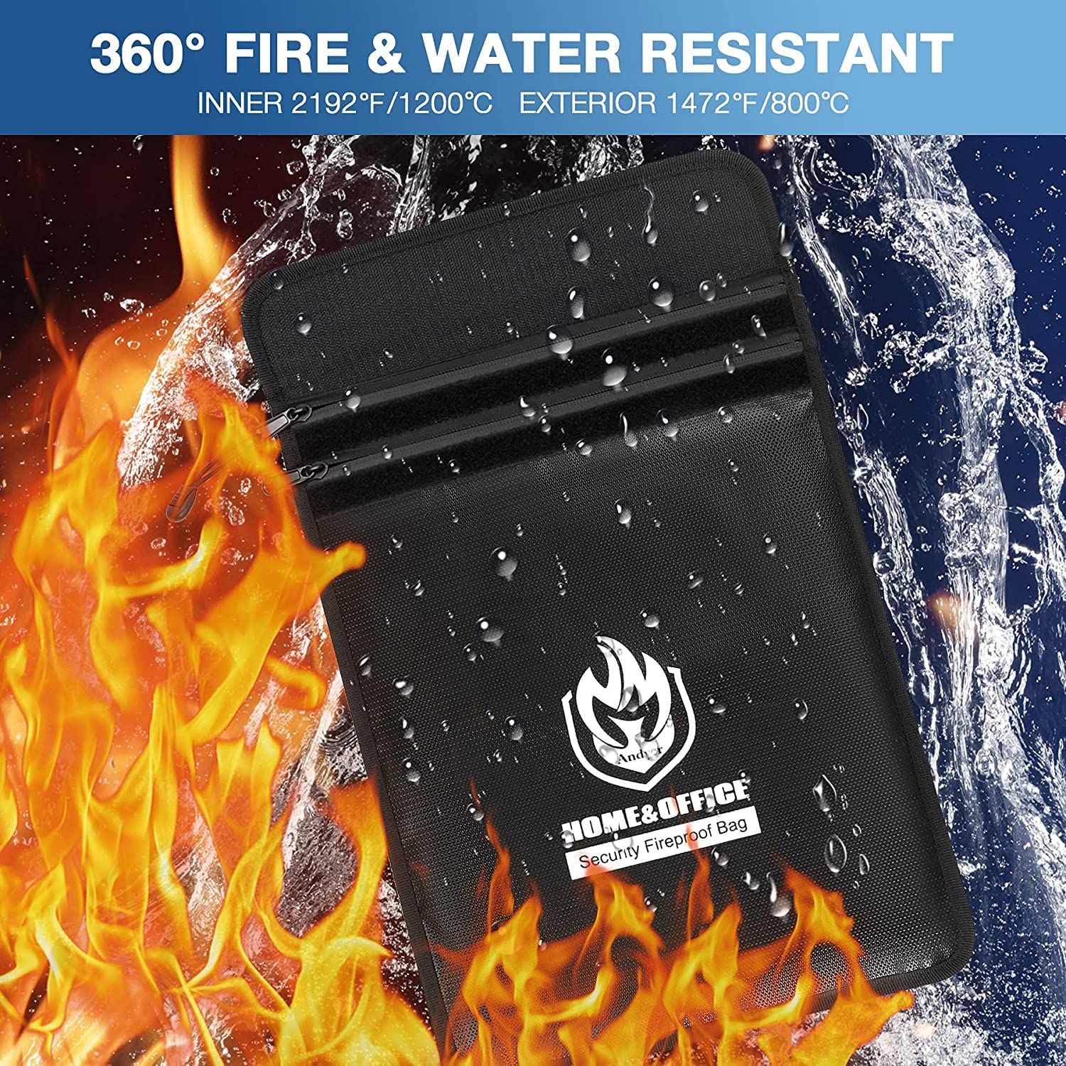 Upgraded Two Pockets Fireproof Document Bag (2000℉), andyer 15”x 11”Waterproof Fireproof Money Bag with Zipper, Waterproof Holder Pouch Fire Safe Bag for Valuables, Legal Documents (Jet Black)