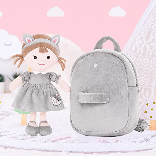 Onetoo Toddler Backpack Kids Backpacks with Soft Plush Baby Dolls Gray Cat 9.5"