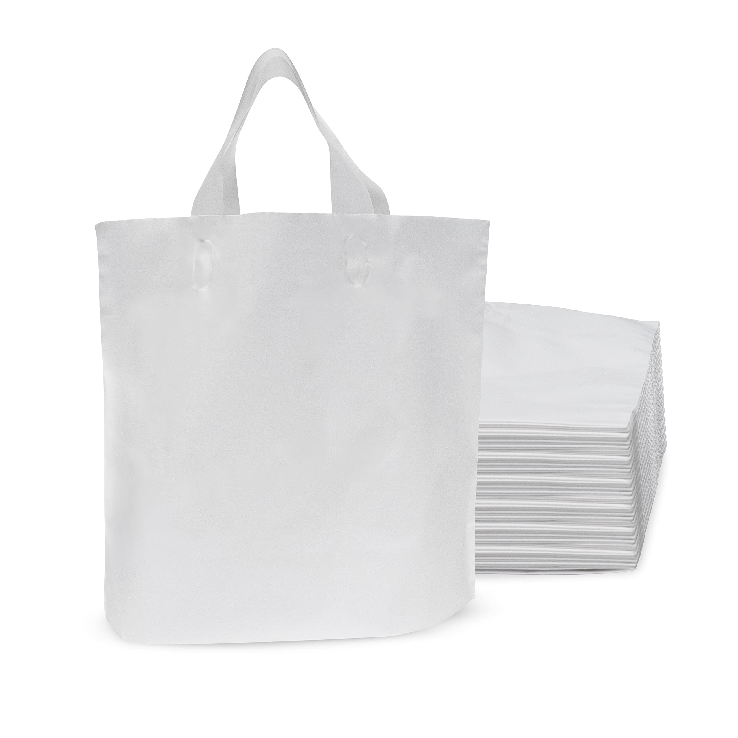 Prime Line Packaging 12x4x10 50 Pack Large Plastic Bags with Handles, Reusable White Shopping & Merchandise Bags for Boutique, Small Business, Bulk