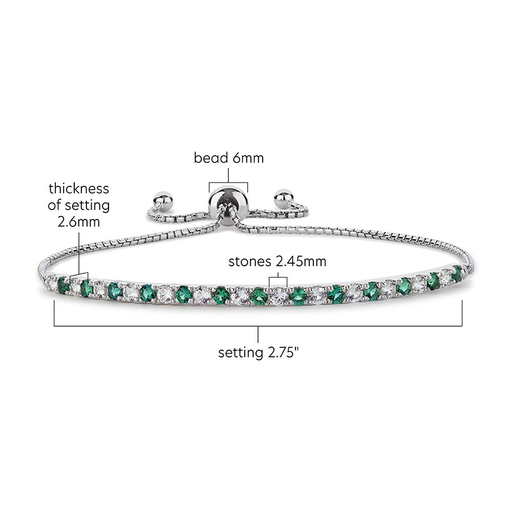 Tirafina Lab-Created Emerald and Lab-Created White Sapphire Adjustable Bolo Bracelet, Sterling Silver, Easy-On Easy-Off (6, 7 and 8 inch Wrist Size)