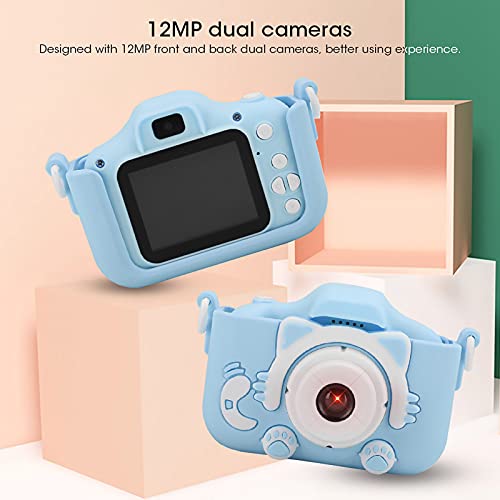 Uestamu 12MP Cartoon Mini Kitty Digital Camera Toy with Dual Camera for Kids (Blue)