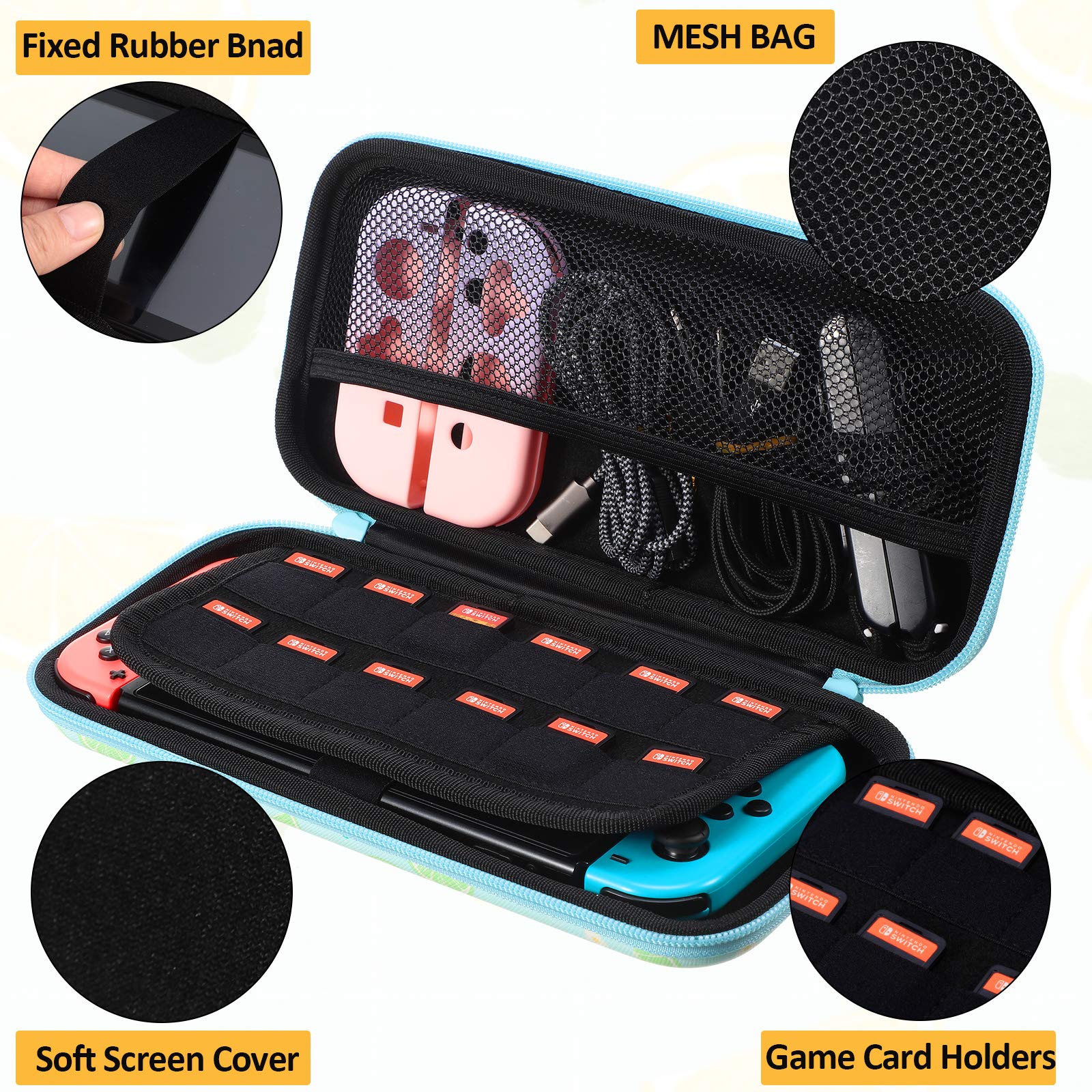 Weewooday Green Lemon Patterns Portable Carrying Case Hard Protective Travel Case with 2 Pieces Thumb Grip Covers Shell Pouch Compatible with Nintendo Switch Accessories
