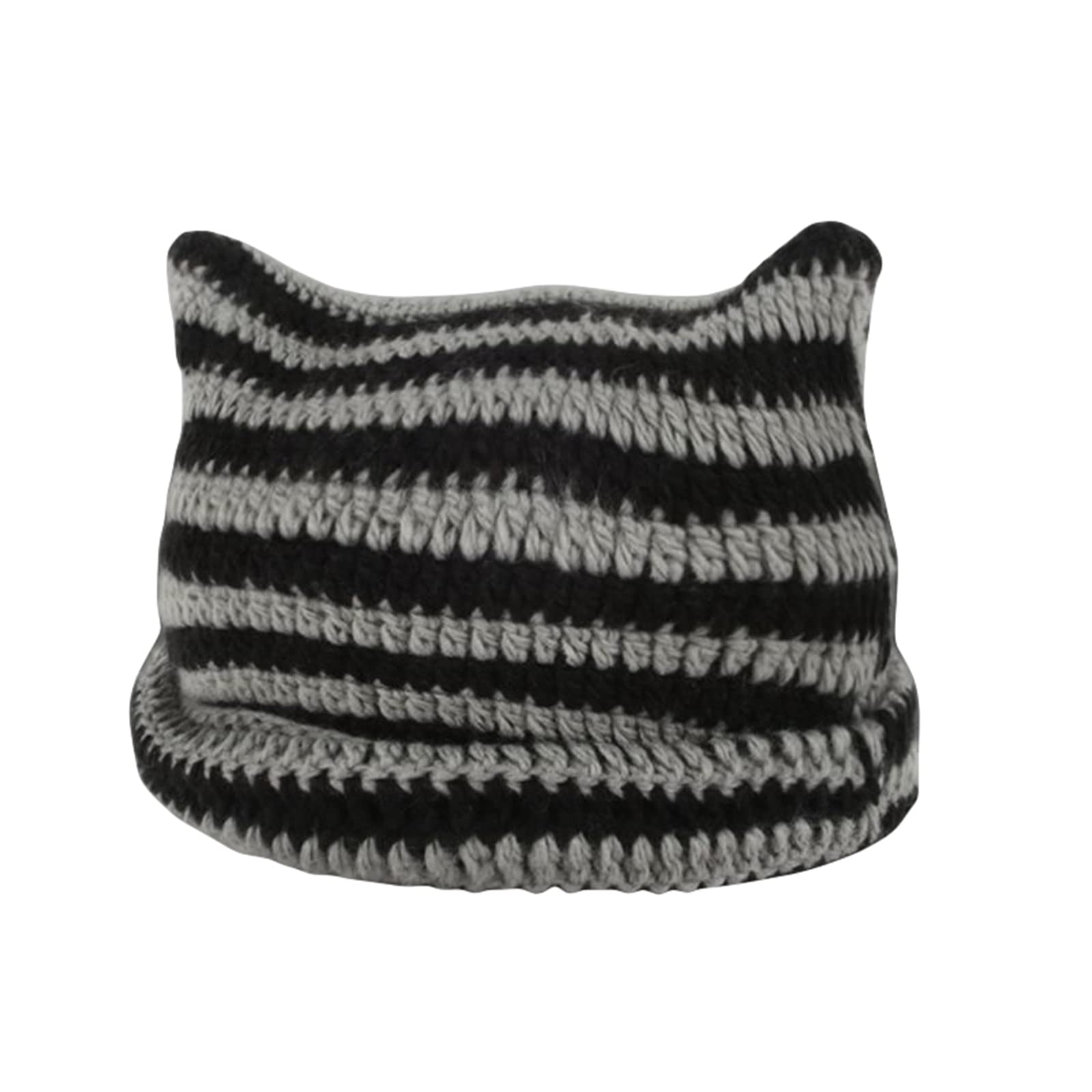 Women Striped Crocheted Beanie Hat Cat Ear Knit Hat Winter Warm Slouchy Skull Hat Y2k Funny Hats (Black Grey, One Size)