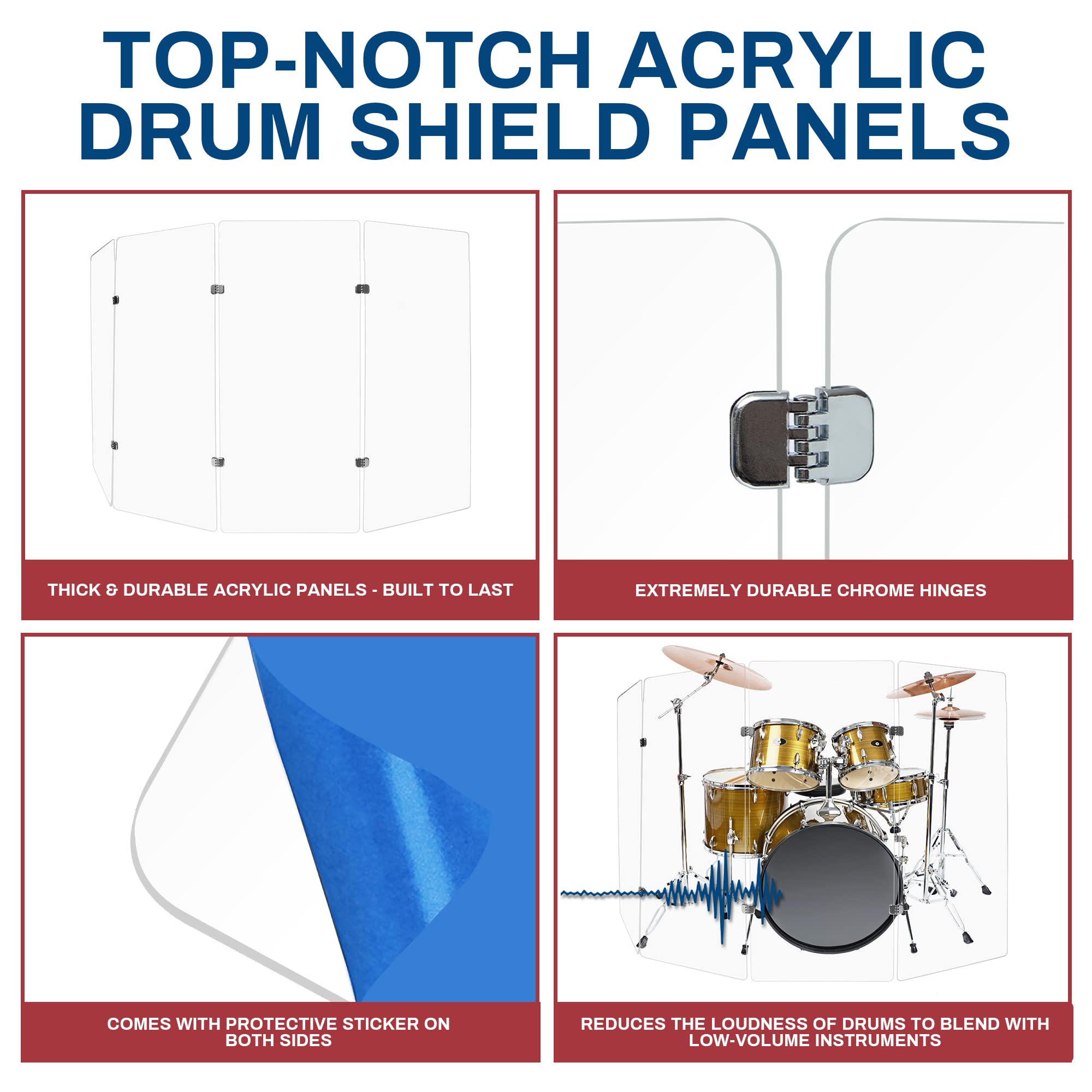 PENNZONI Drum Shield 4ft w/Chrome Hinges, Comes w/ 4 Drum Panels, & 6 Chrome Hinges, Premium Clear Acrylic Panels, Drum Screen