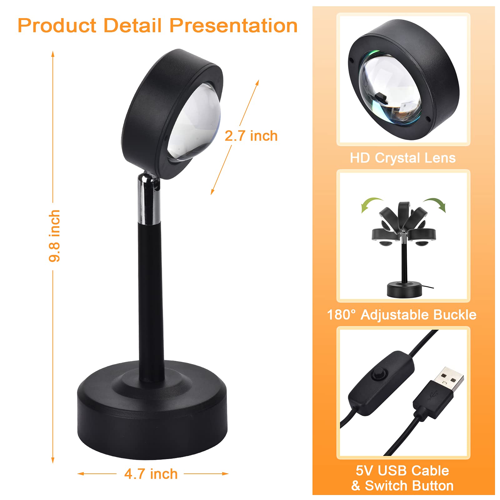 Sunset Lamp, Sunset Projection Lamp, Sunset Projector Light, 180 Degree Rotation Sunset Night Light for Bedroom Studio Decor Birthday Christmas Gift