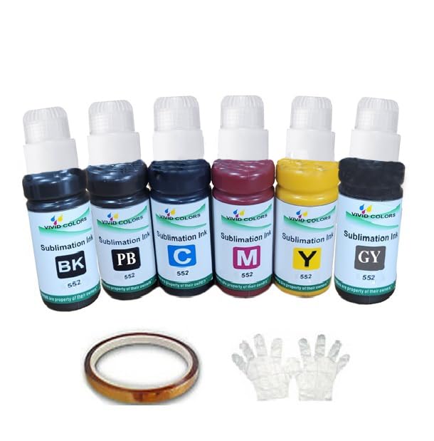 Vivid Colors VC T552 552 Dye Sublimation Ink 70ml / per Bottle Refill Bottle for ET-8500 ET-8550 Heat Press Transfer on DYI Mugs Plates T-Shirts (6 Pack) Super Tank Printer Sublimation Ink Refills