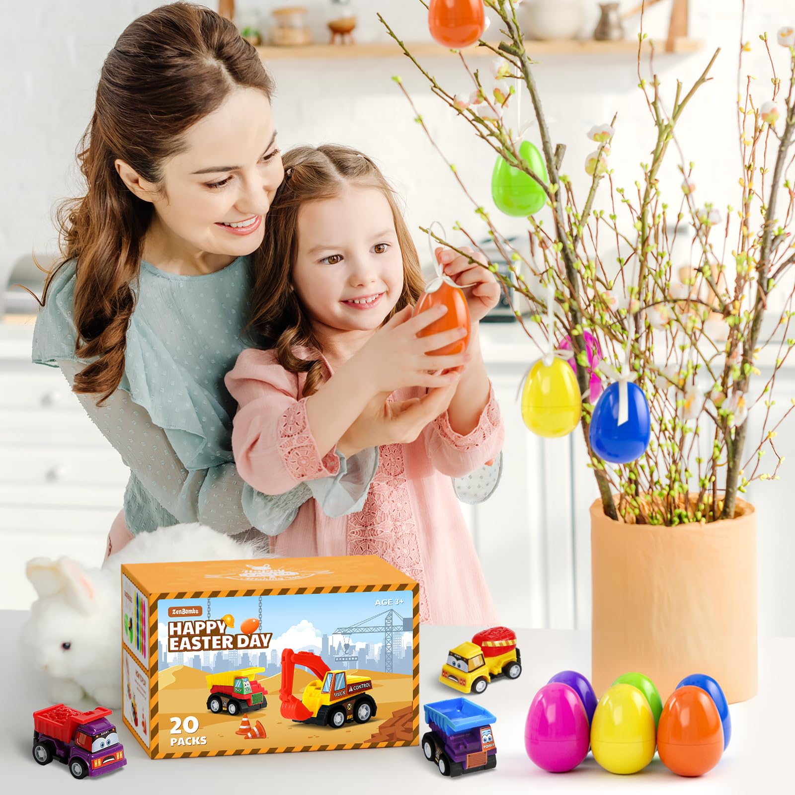 ZenBombs Easter Eggs with Toys Inside-20 PCS Colorful Plastic Easter Eggs Filled with Toy Vehicles for Kids-Surprise Egg for Easter Egg Hunt, Basket Stuffers and Birthday Party Favors