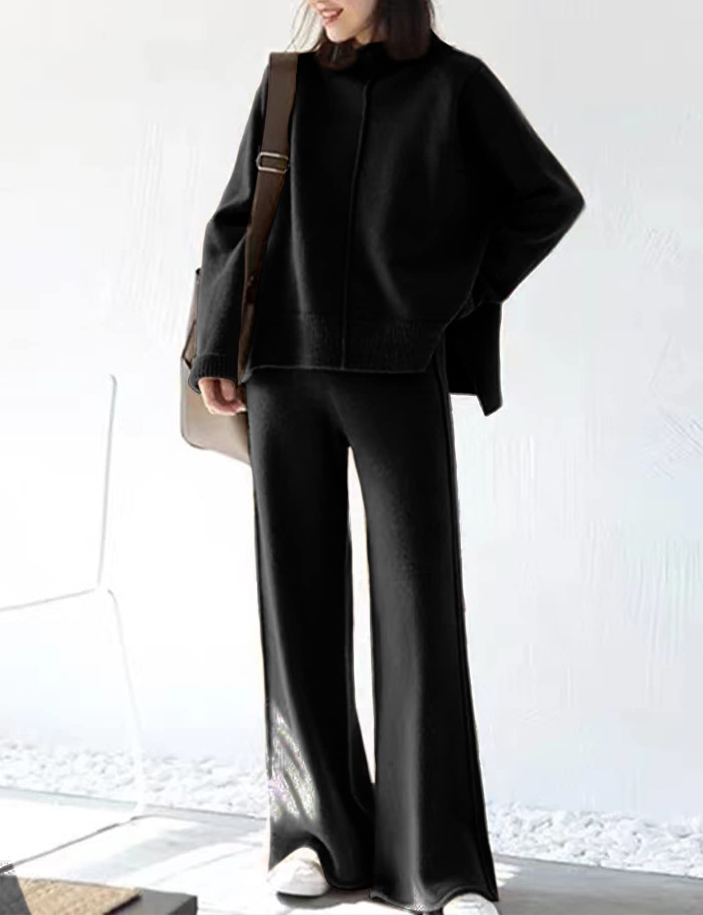 Women's 2 Piece Set Long Sleeve Knit High Neck Pullover Sweater Top and Wide Leg Pants Sweatsuit(Black-M)