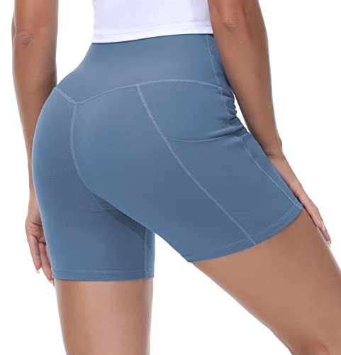 Women's Cross Waist Workout Shorts Tummy Control Spandex Athletic Biker Shorts with Deep Pockets Black