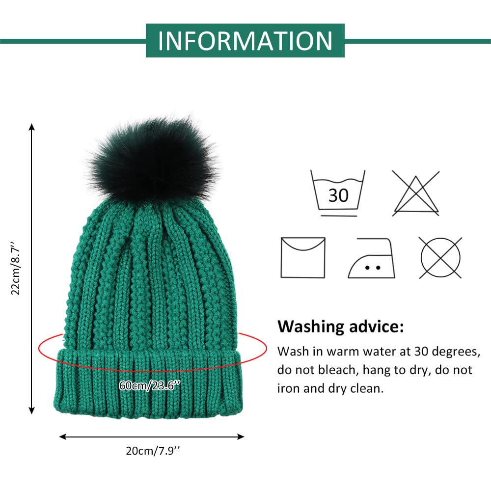 Yuoahcn Women Winter Beanie Hat Satin Lined Winter Hat with Pompom Thick Cuffed Warm Snow Knit Skull Cap (Green)