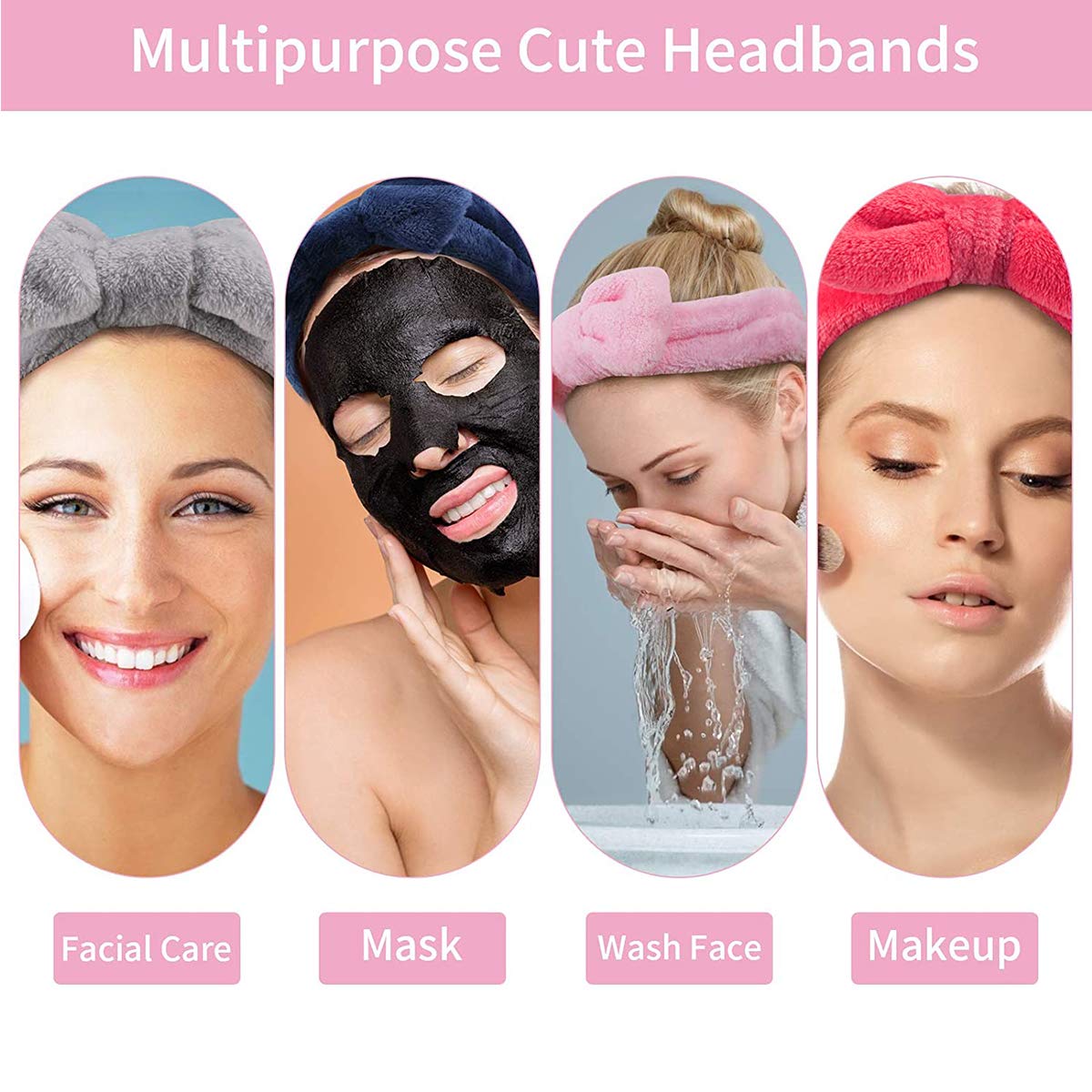 TOBATOBA Soft Bow Hair Bands - 8 Pack Fluffy Head Wraps for Skincare, Makeup or Shower, Solid Color Cute Headbands for Women