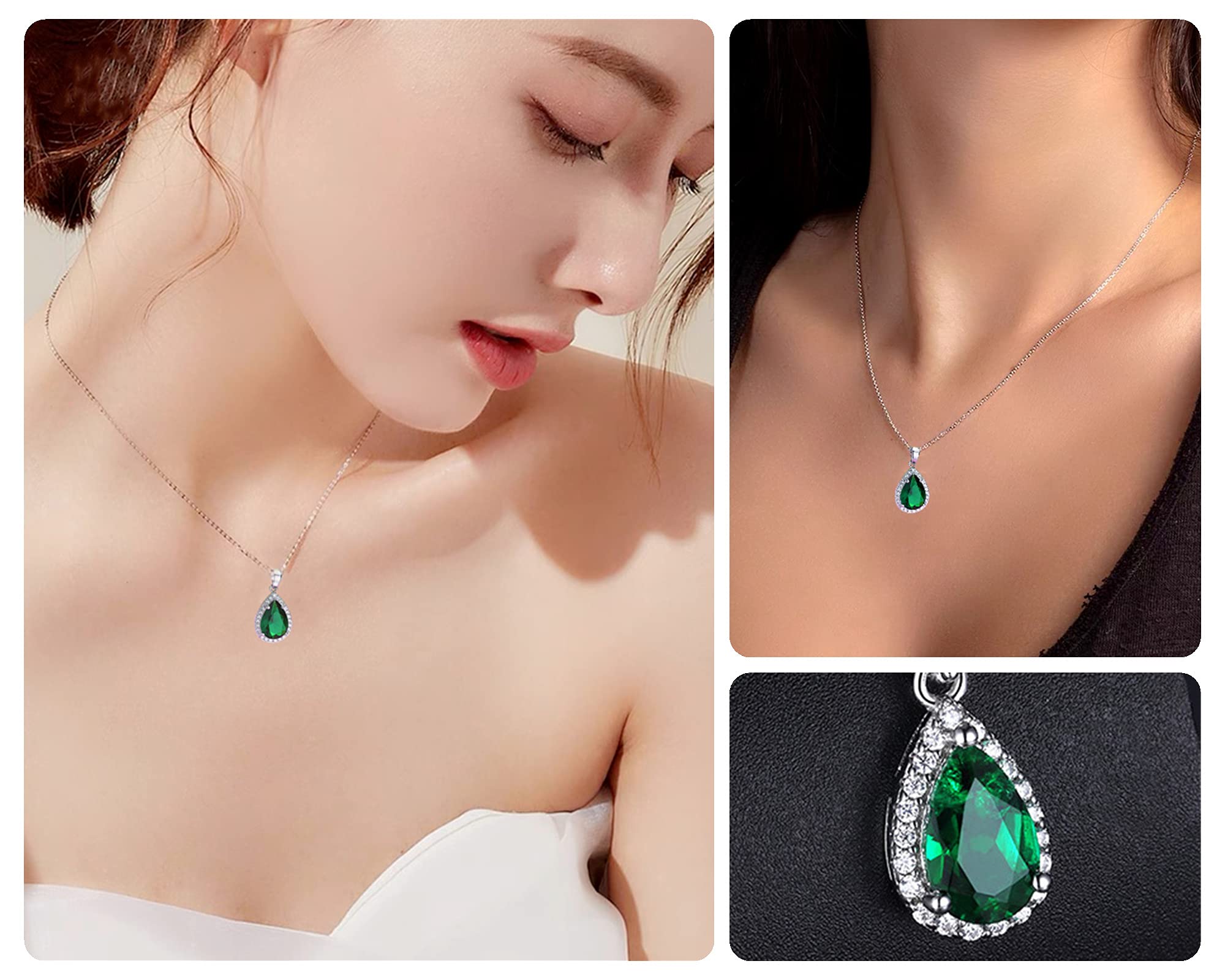 VONSSY Green Pendant Necklace | Waterdrop Oval Teardrop Pendant Necklace | Clover XMAS Tree Pendant Necklace