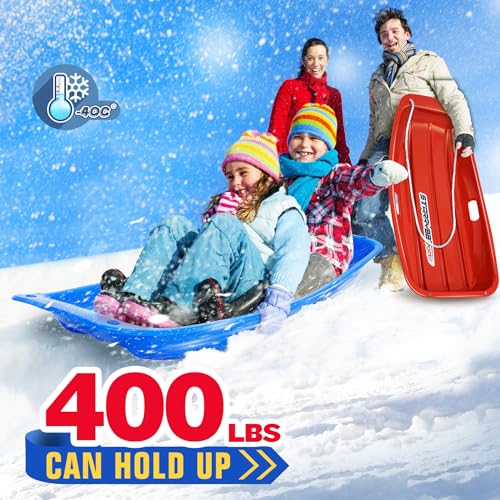 Snow Sled - 2 Pack Classic Sleds for Kids and Adults Flexible Toboggan with Handles Pull Rope Utility Plastic Sled for Winter Ski Sledding Sand Slider Downhill Outdoor - Blue, Red, 36"