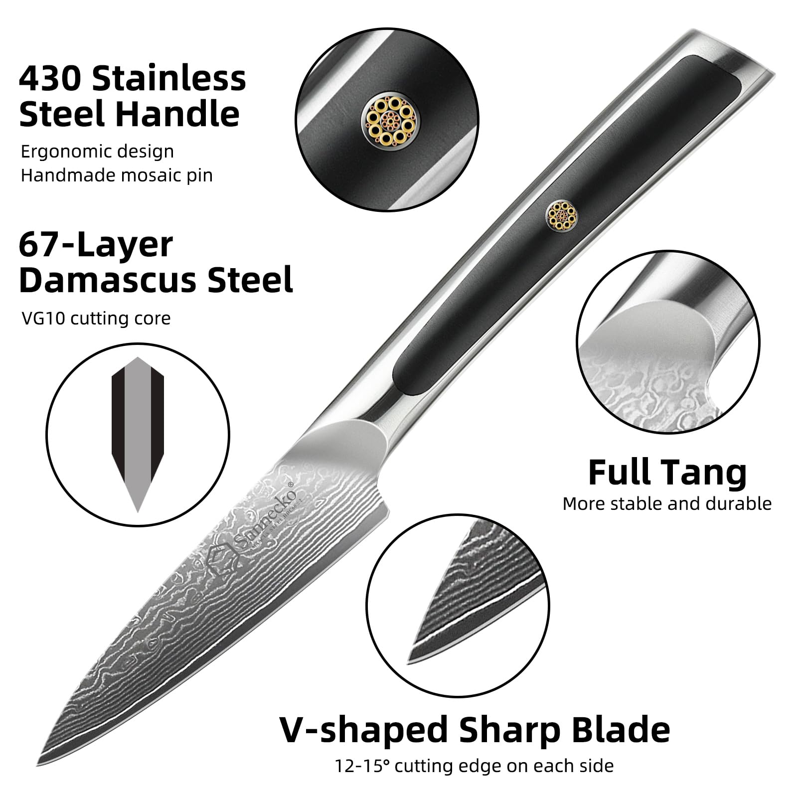Sunnecko Paring Knife 3.5 Inch, Fruit Knife with 67-layers Damascus Steel VG-10 Blade Small Knife, Peeling Knife with Inlaid Handle Small Kitchen Knife Perfect for Cutting Fruit Vegetables Petty Knife