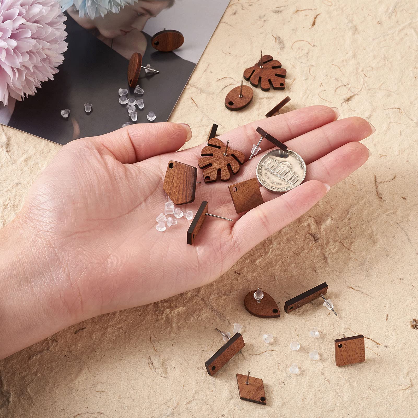 Pandahall 16 Pairs Wood Stud Earring Findings with Hole Flat Round Oval Teardrop Rhombus Wood Stud Earring with Ear Nuts for DIY Wooden Earrings Making