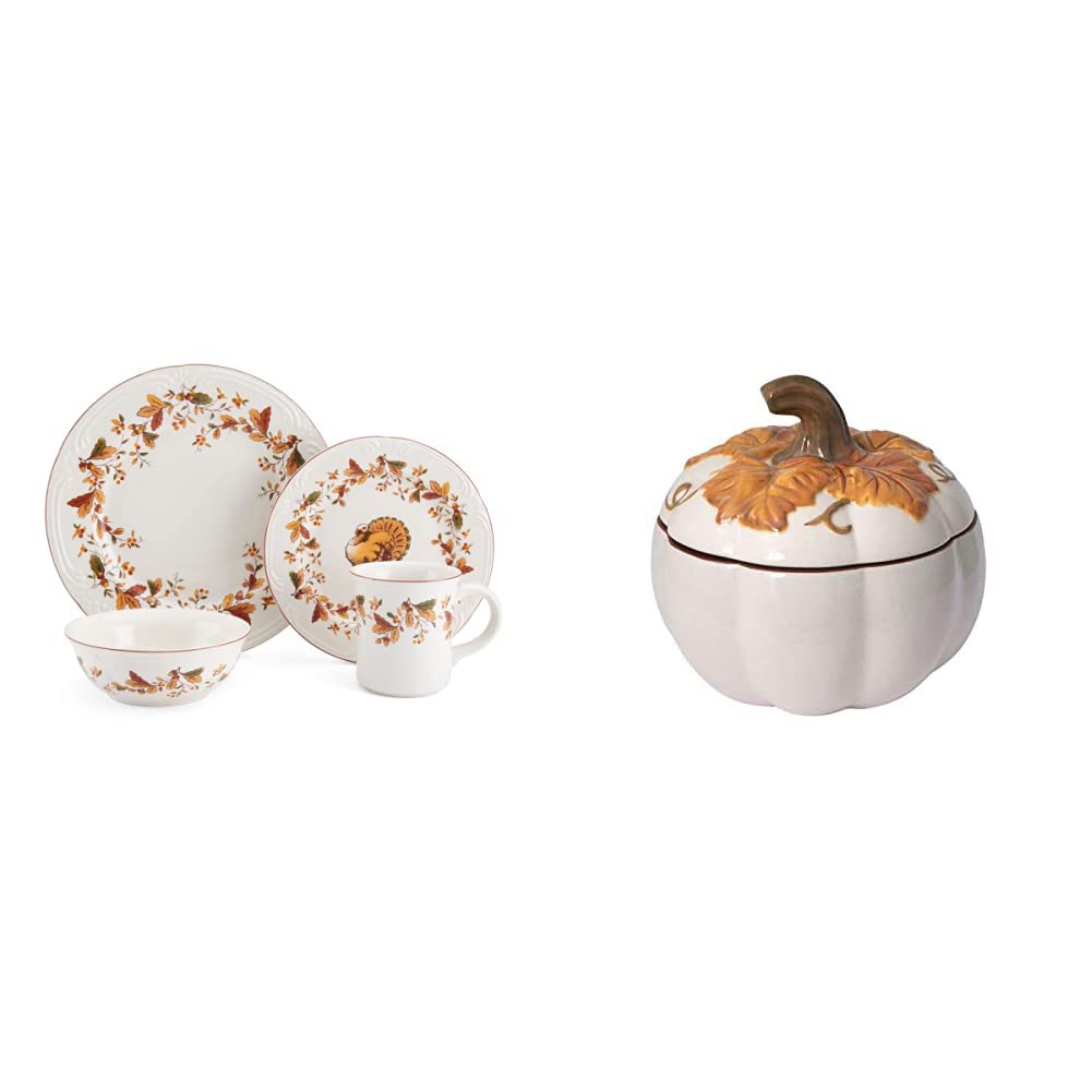 Pfaltzgraff Autumn Berry 16 Piece Dinnerware Set, Service for 4, Multi Colored and Pfaltzgraff Autumn Berry Covered Pumpkin Bowl, Holds 20 Ounces, Cream