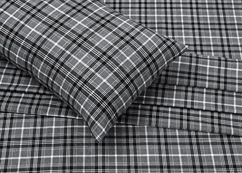 RUVANTI Flannel Sheets Twin Size - 100% Cotton Brushed Flannel Bed Sheet Sets - Deep Pockets 16 Inches (fits up to 18") - All Seasons Breathable & Super Soft - Warm & Cozy - 3 Pcs - Grey Plaid