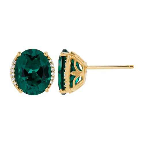 Welry Created Emerald Oval Stud Earrings with Diamonds in 10K Yellow Gold