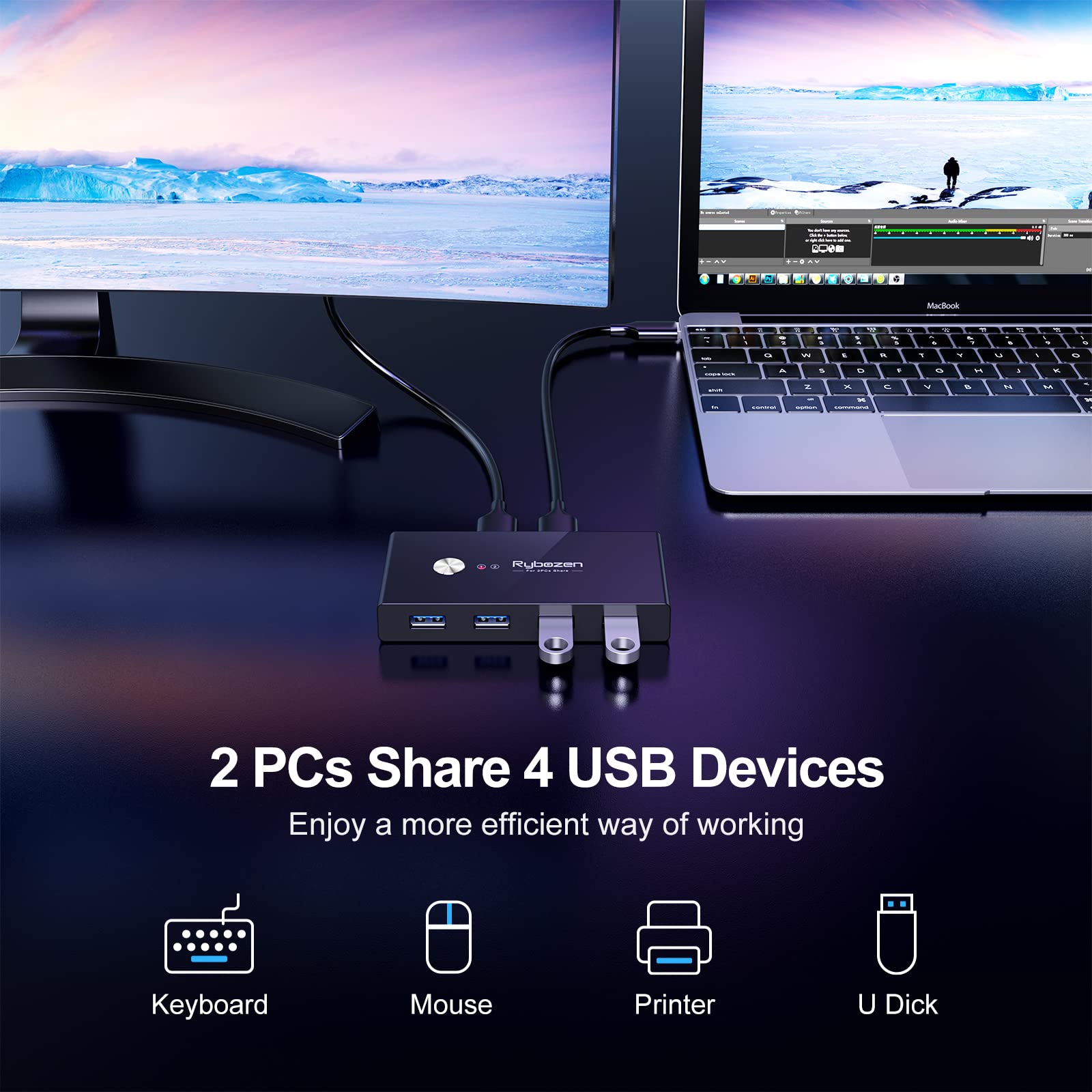 Rybozen USB 3.0 Switch Selector,KVM Switch Adapter 2 Computer Sharing 4 USB Devices, Peripheral Hub Box for Mouse Keyboard Scanner Printer PC, with One Button Swapping and 2 Pack USB 3.0 Cable