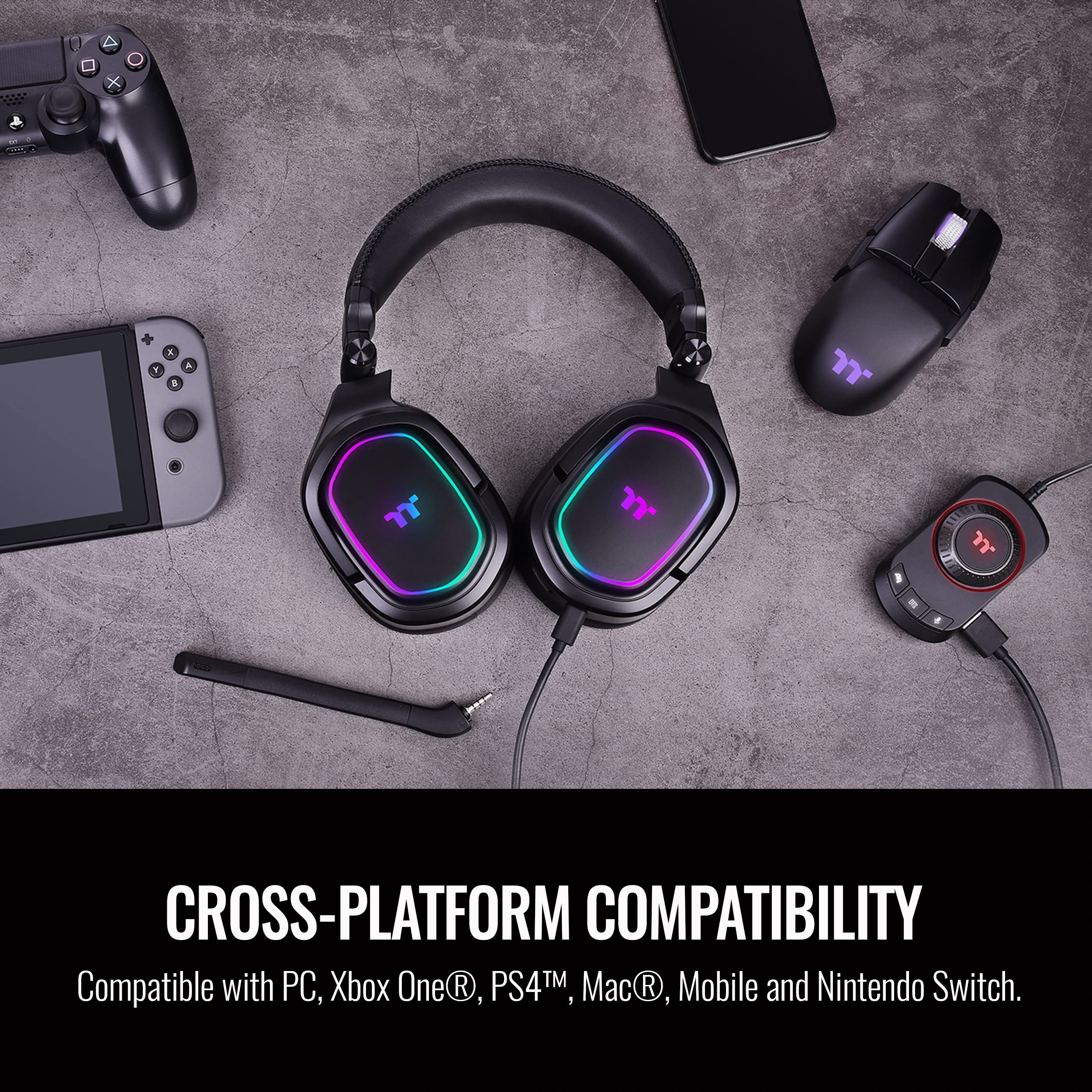 Thermaltake Argent H5 RGB 7.1 Surround Gaming Headset, 50mm Hi-Res Drivers, Compatible with PC, Xbox One, PS4, Mac, Mobile and Nintendo Switch, Black, GHT-THF-DIECBK-31
