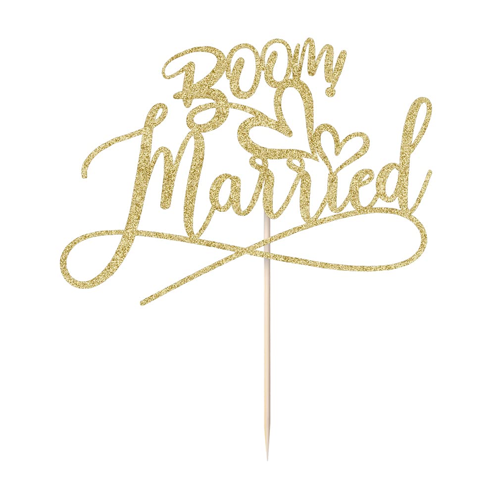 Sodasos BOOM! Married Wedding Cake Topper,Funny Cake Topper, Quirky, Nerdy Topper,Married Cake Topper,Bridal Shower,Theme Wedding Party Supplies (gold)