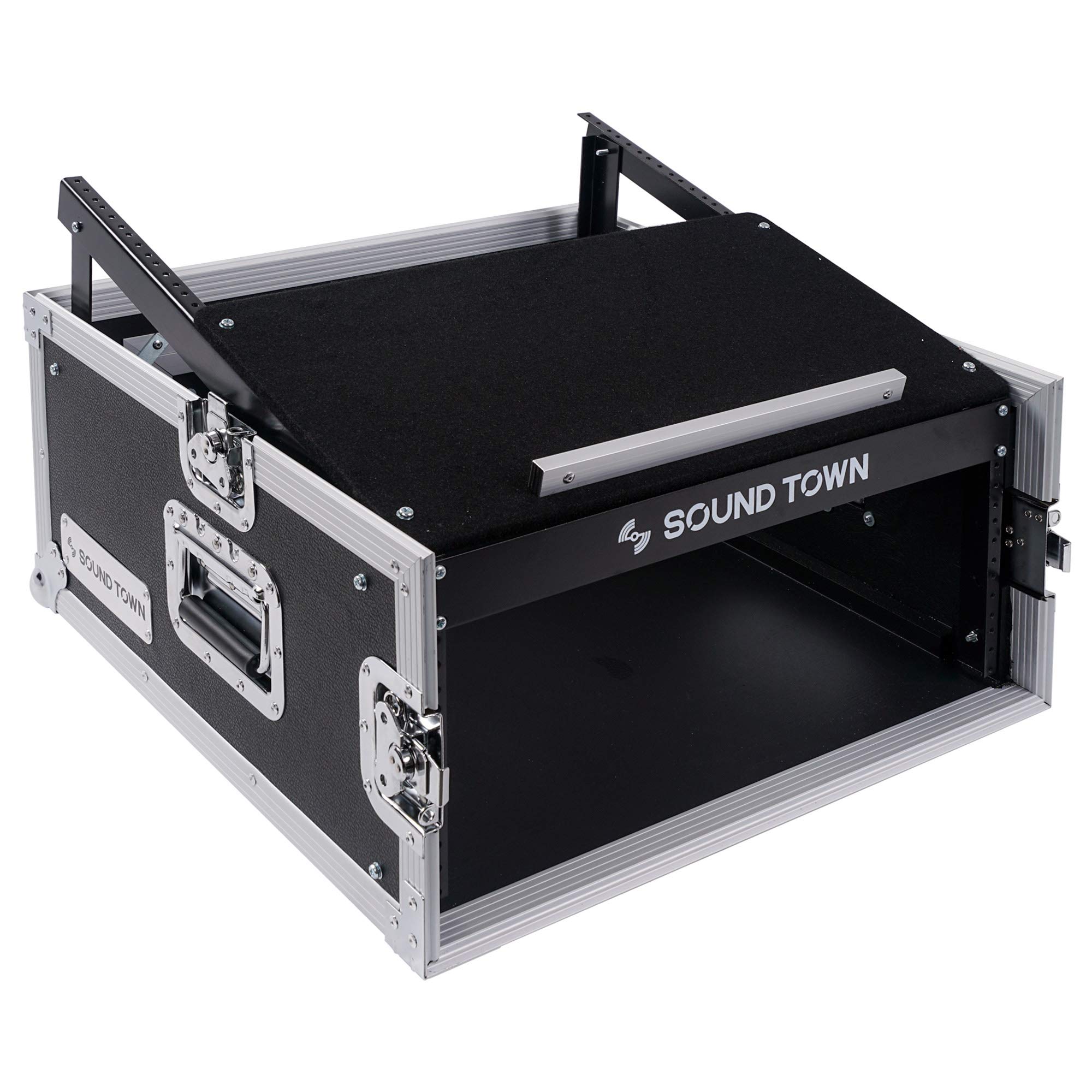 Sound Town 4U PA DJ Rack/Road Case with 11U Slant Mixer Top, 20ββ Rackable Depth, 4-Space Size - Pro Tour Grade (STMR-4US)