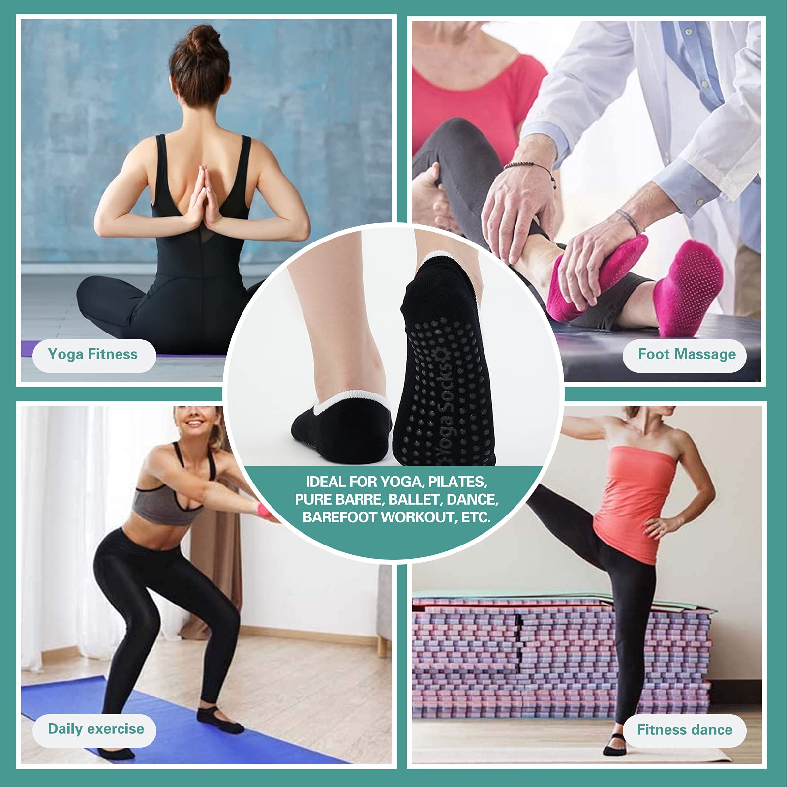 THUMBERLY Yoga Socks Non-Slip with Grips, 2 Pack Pilates Socks for Barre, for Barre, Ballet, Barefoot Workout, Dance Balance Stability Wide Feet Design fits US 5-11 (Black+Orange)