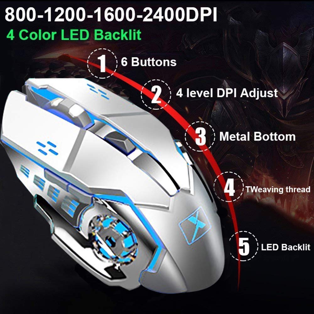 Rechargeable Keyboard Mouse Combo Backlit,2.4G Wireless Gaming Keyboard with Palm Rest,Multimedia,Ergonomic,3000Mah Large Capacity Battery and Adjustable DPI Mouse for Computer,PC,Laptop,Mac (Silver)