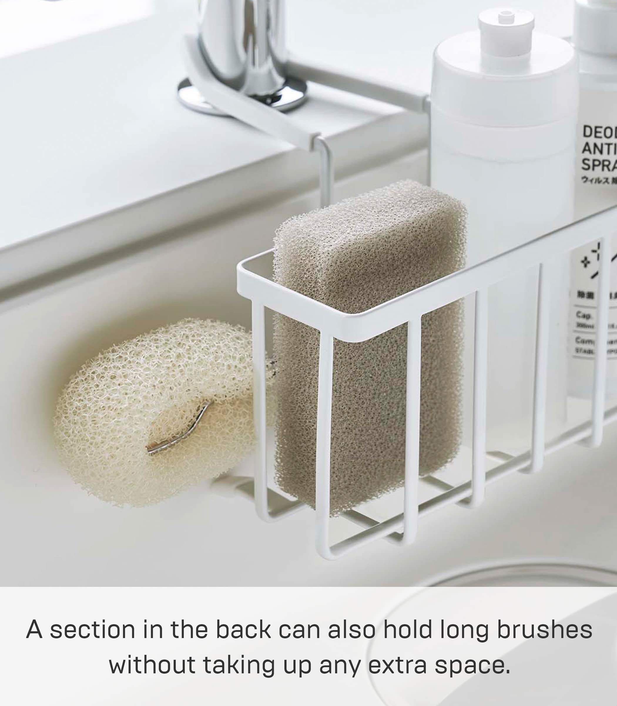 YAMAZAKI Home Faucet-Hanging Sponge Caddy Kitchen Sink Dish Soap Bottle Brush Scrubber Organizer Holder, Metal with Silicone Protection | Steel, One Size, White