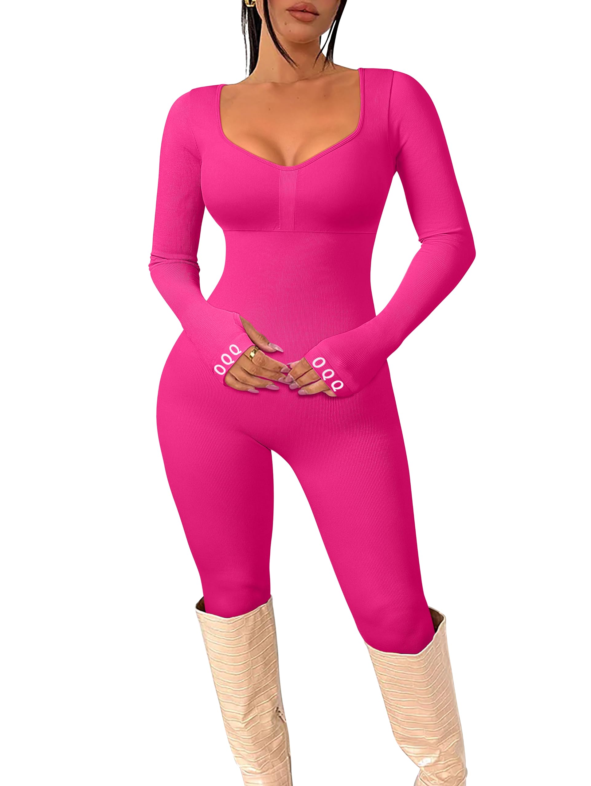 OQQ Women‘s Yoga Jumpsuits Workout Ribbed Long Sleeve Tops Padded Sports Bra Exercise Jumpsuits Rose3