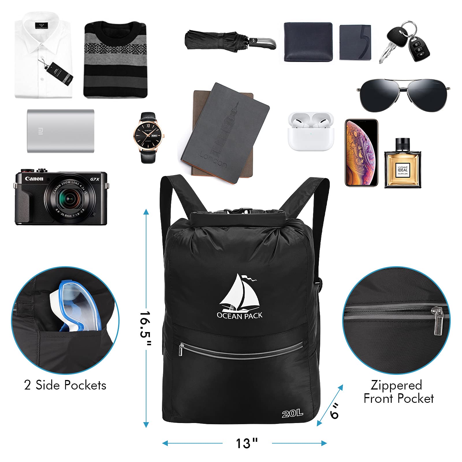 UTOKIER Waterproof Dry Bag, 20L Compact Floating Backpack, Roll Top Dry Sack with Waterproof Phone Case for Kayaking, Beach, Rafting, Boating, Hiking, Camping and Fishing