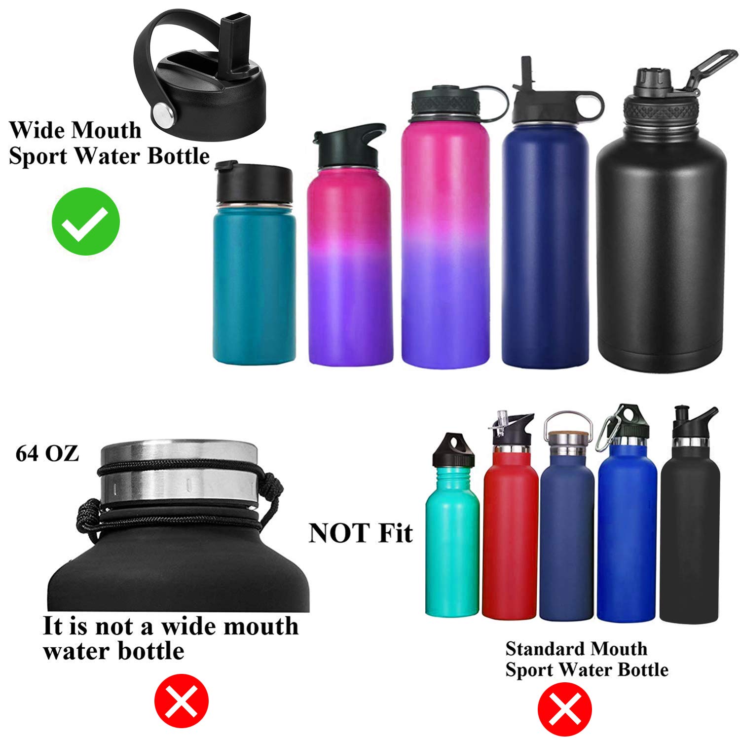RRegeny Straw Lid for Hydro Flask Wide Mouth 32 40 oz, Straw Lid with Flexible Handle and Straws, Replacement Sports Straw Cap for Hydroflask Straw Lid Wide Mouth Top 32 40 oz