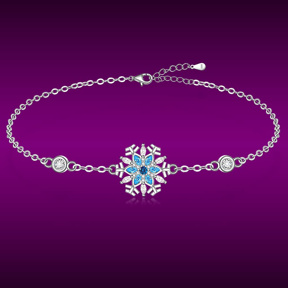 Snowflake Bracelet Adjustable Sterling Silver Chain Christmas Charm Bracelets for Women Blue Topaz Flower Holiday Jewelry