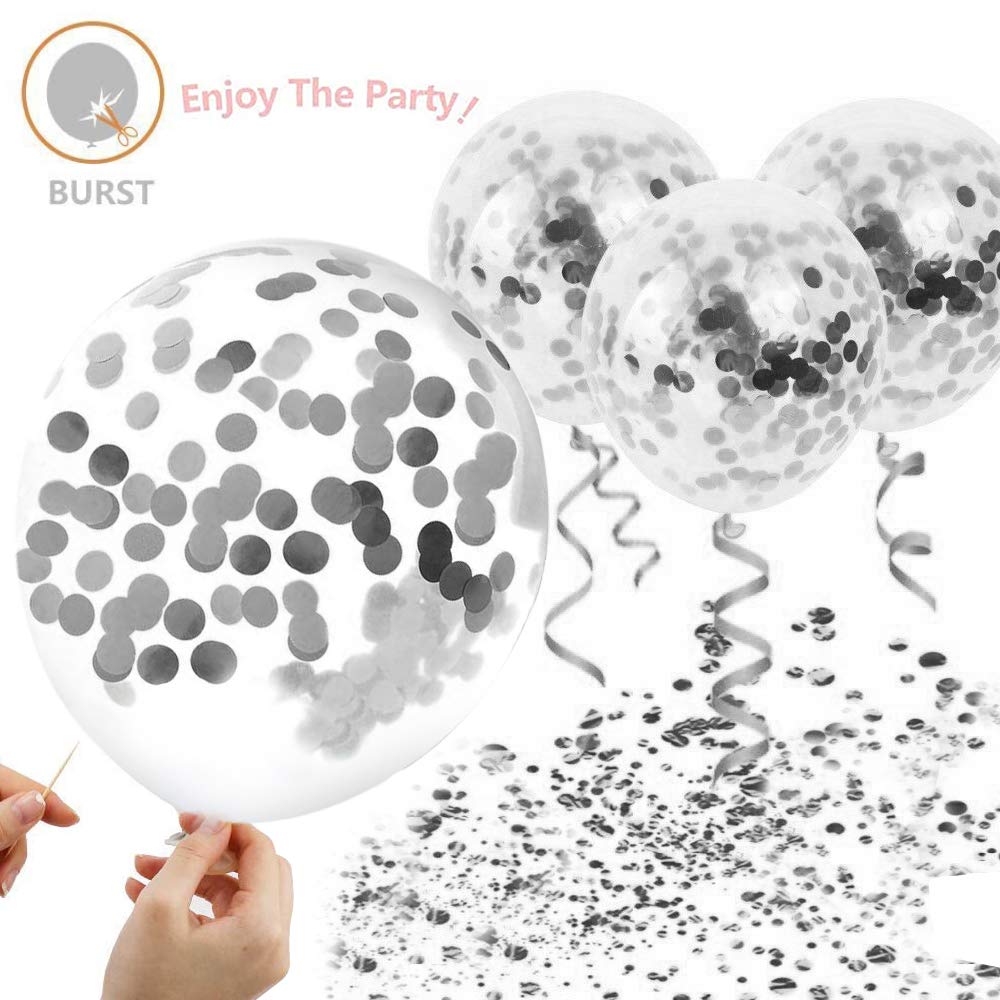 RIIMUHIR White Silver Confetti Party Balloons - 60 Pcs 12inch White Pearl Silver Metallic Chrome Latex Balloon Set with 33Ft Silver...